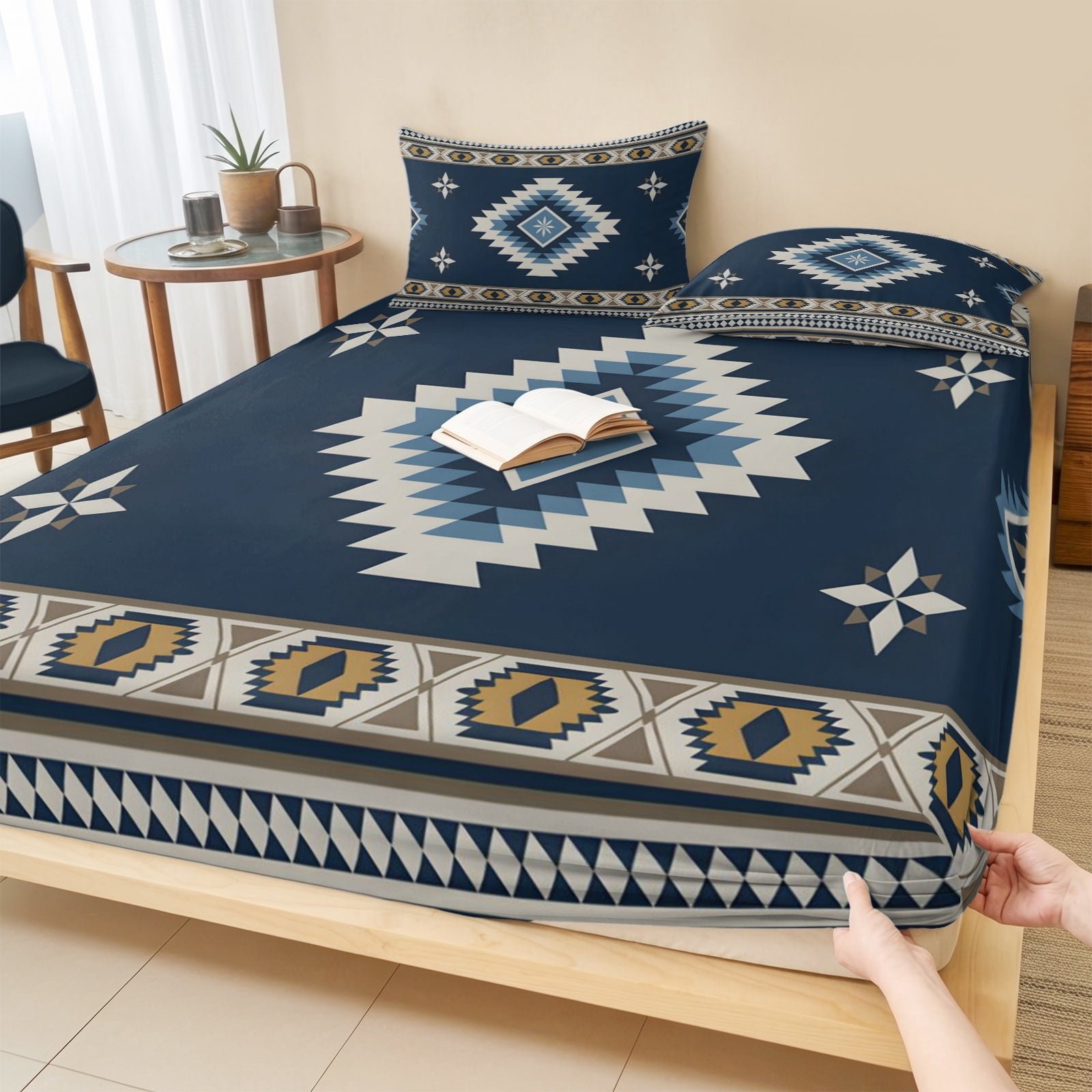 Cal.King Size Fitted Sheet Set - Blue Brown Boho 3 Piece Bedding Sets ...