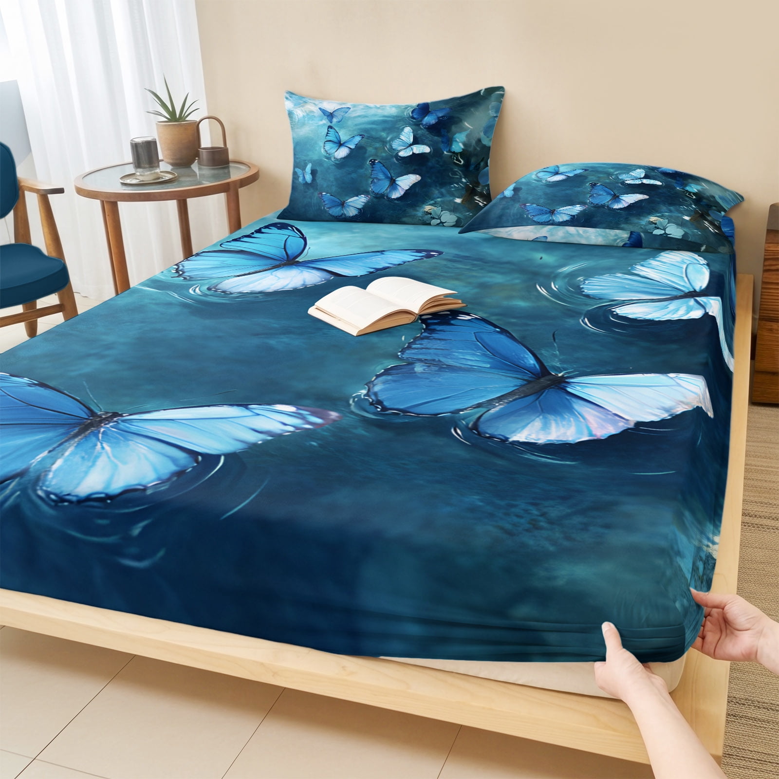 Cal.King Size Fitted Sheet Set - Blue Butterfly 3 Piece Bedding Sets 16 ...