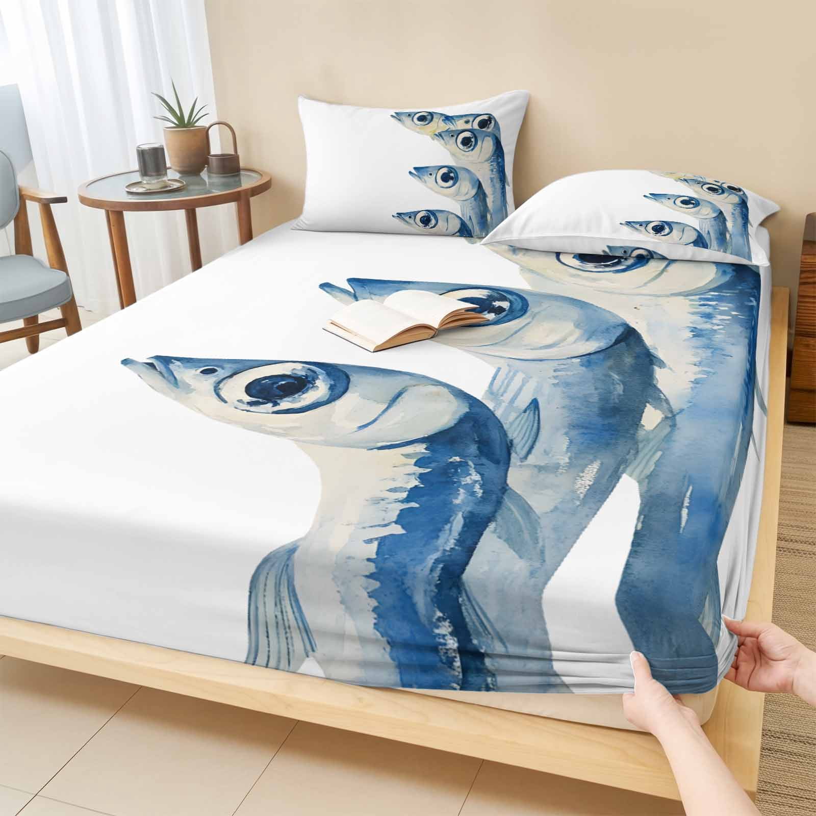 Cal.King Size Fitted Sheet Set - Blue Fish 3 Piece Bedding Sets 16 ...