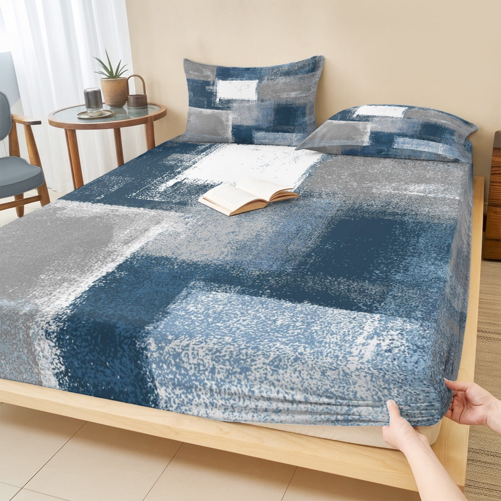 Cal.King Size Fitted Sheet Set - Blue Grey Ombre 3 Piece Bedding Sets ...