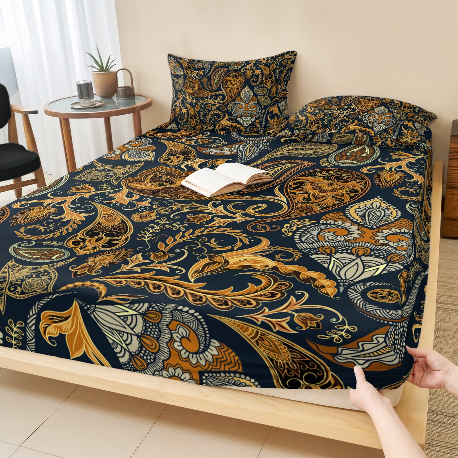 Cal.King Size Fitted Sheet Set - Boho Floral 3 Piece Bedding Sets 16 ...