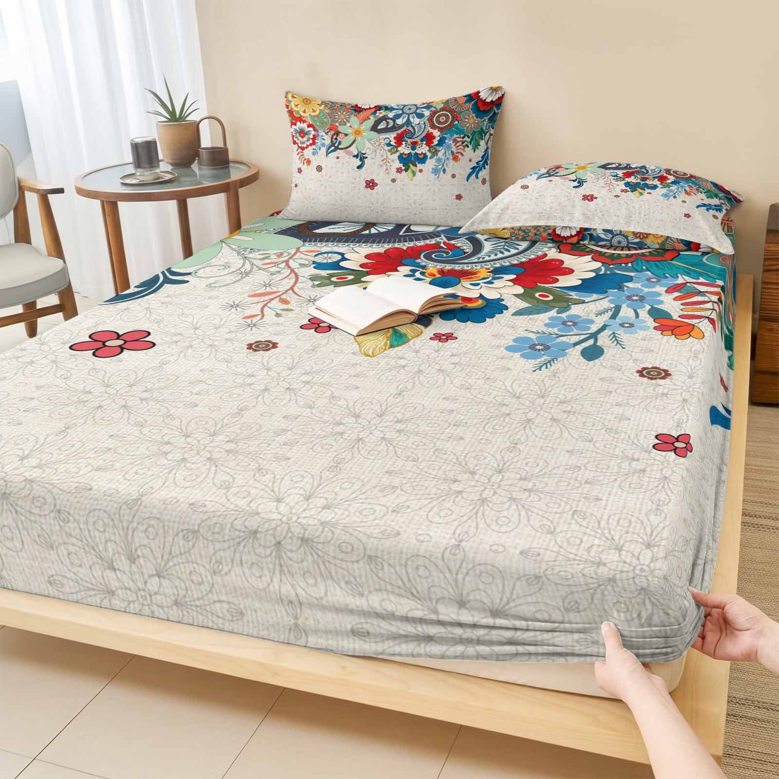 Cal.King Size Fitted Sheet Set - Boho Flowers 3 Piece Bedding Sets 16 ...