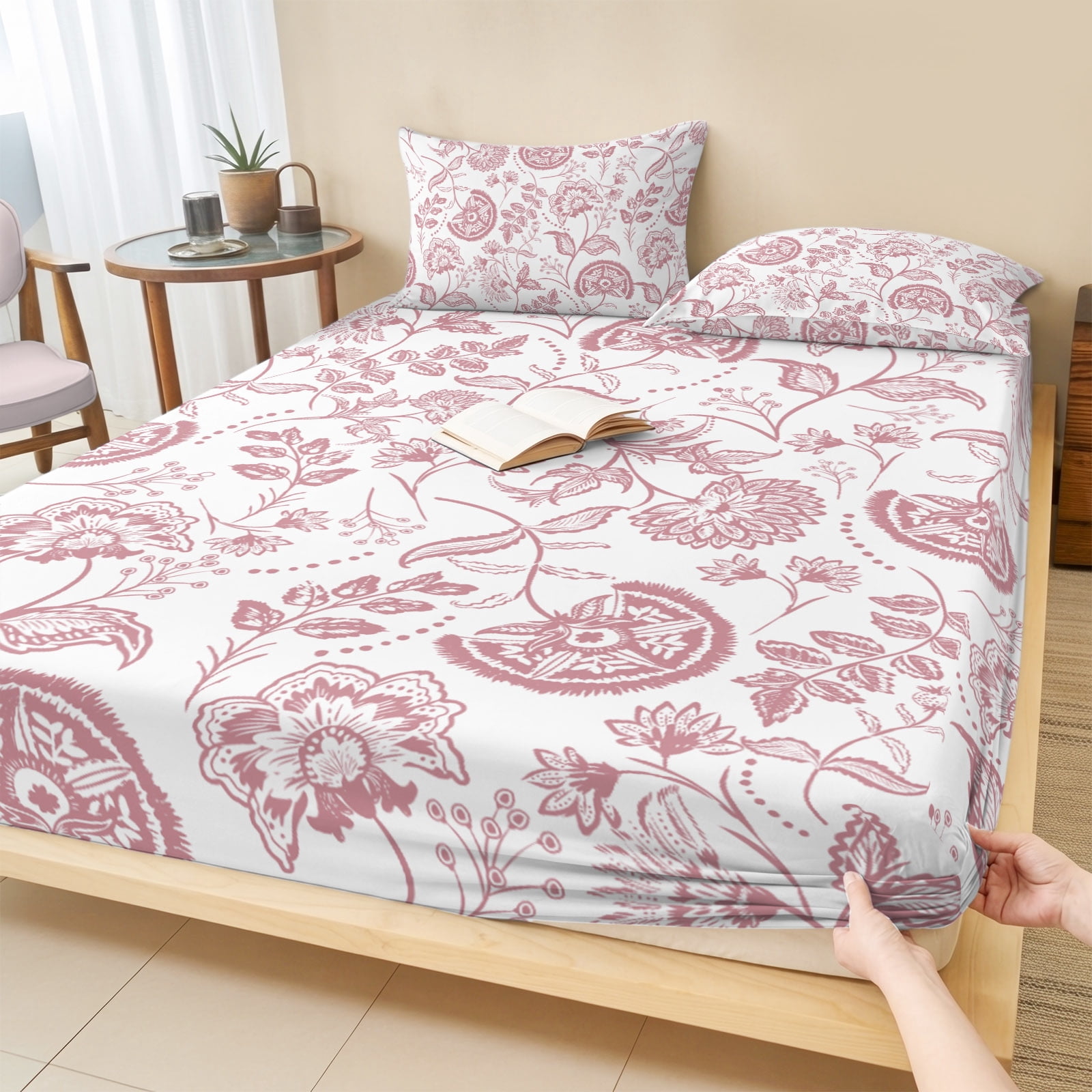 Cal.King Size Fitted Sheet Set - Boho Pink Floral 3 Piece Bedding Sets ...