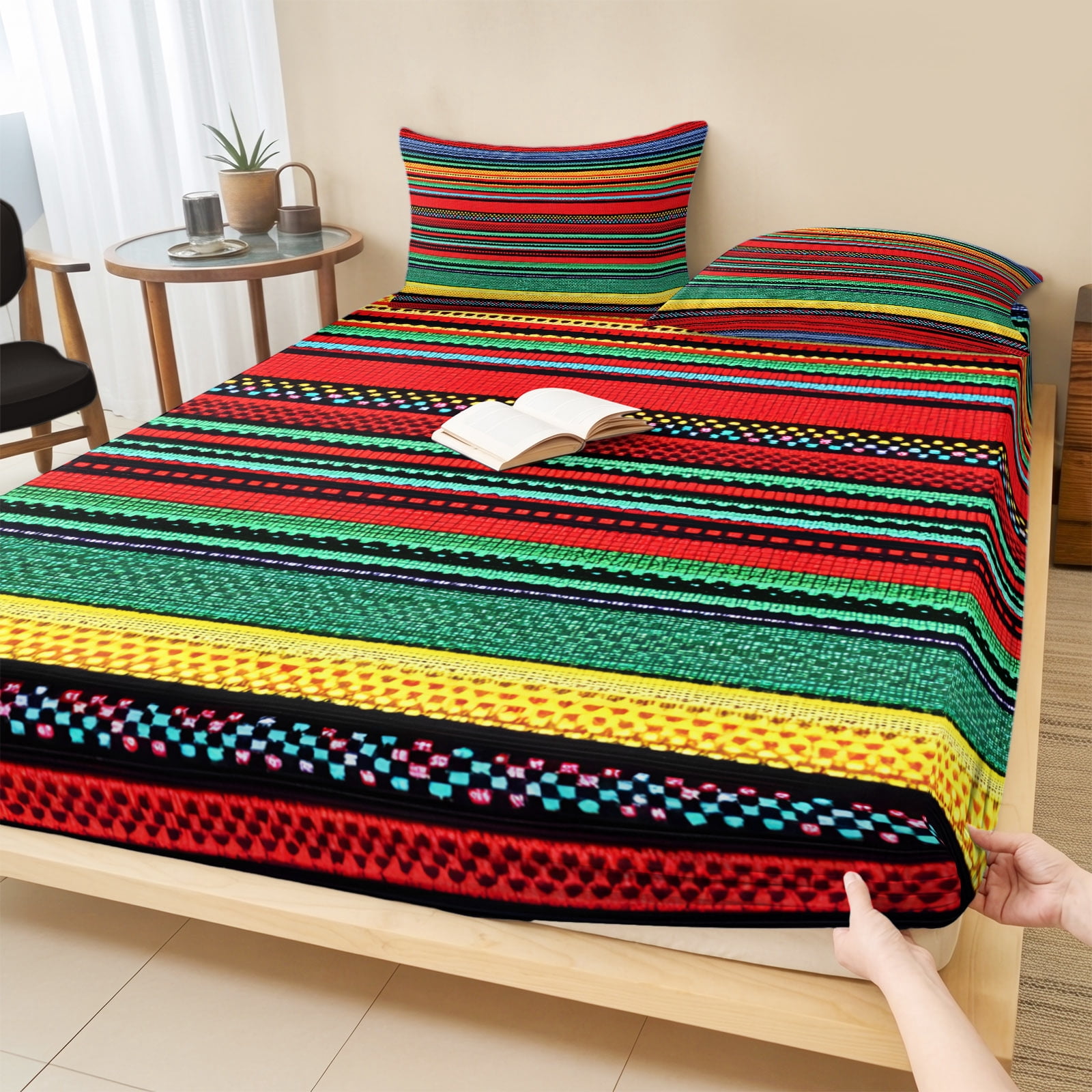 Cal.King Size Fitted Sheet Set - Boho Red Stripes 3 Piece Bedding Sets ...