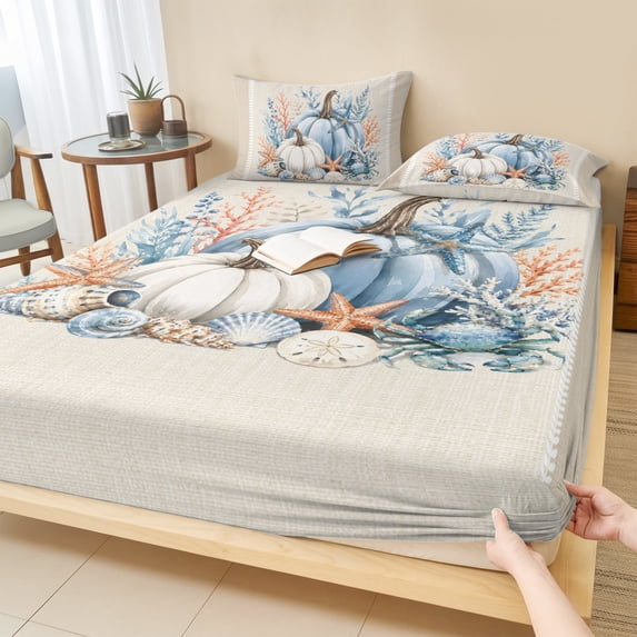 Cal.King Size Fitted Sheet Set - Coastal Fall 3 Piece Bedding Sets 16 ...