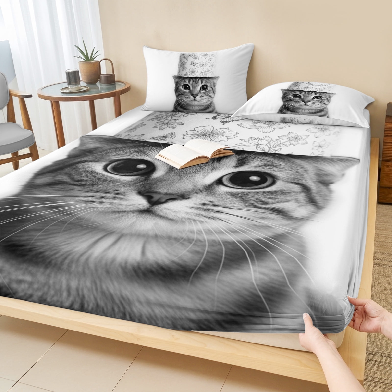 Cal.King Size Fitted Sheet Set - Cute Cat 3 Piece Bedding Sets 16" Deep ...