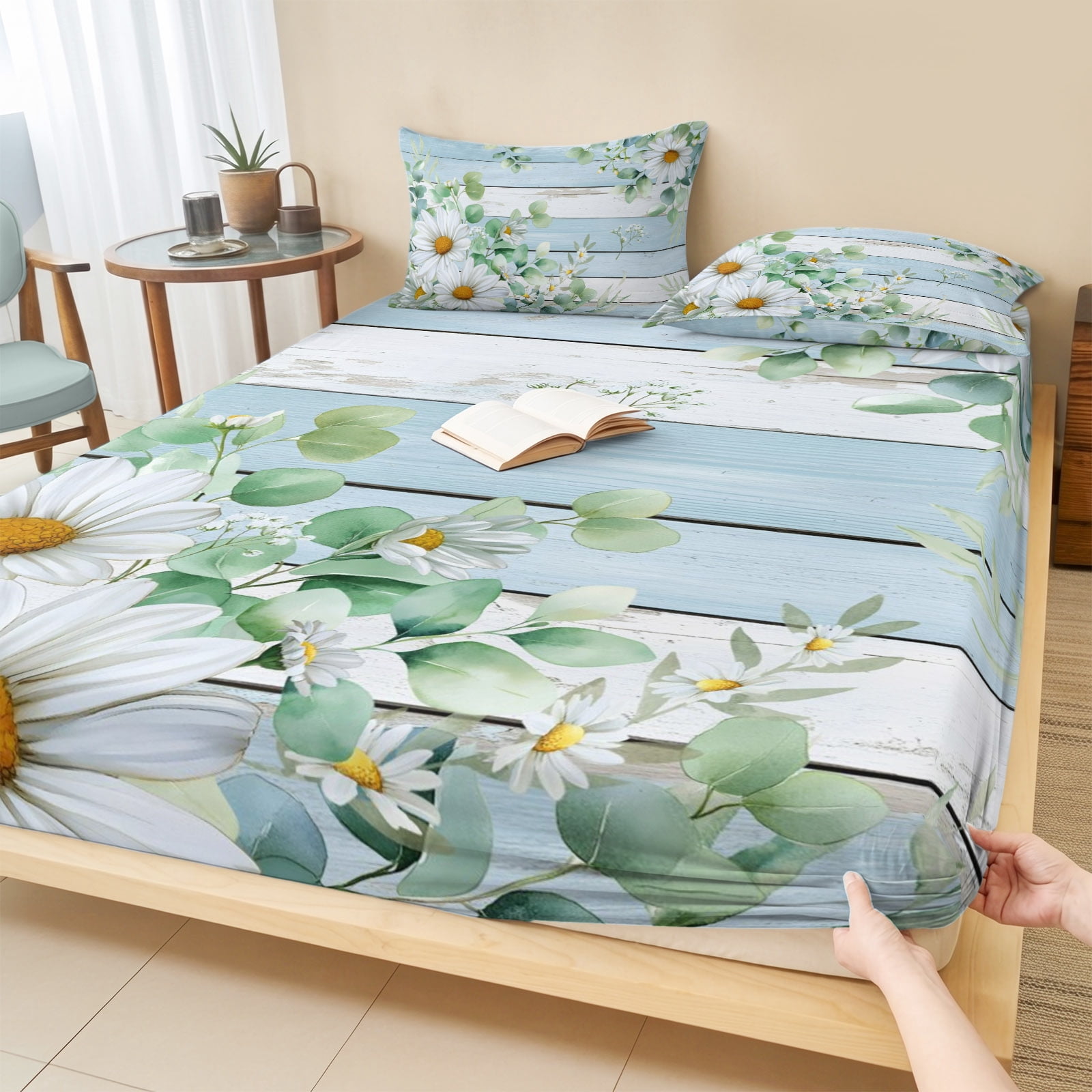 Cal.King Size Fitted Sheet Set - Daisy Spring Floral 3 Piece Bedding ...