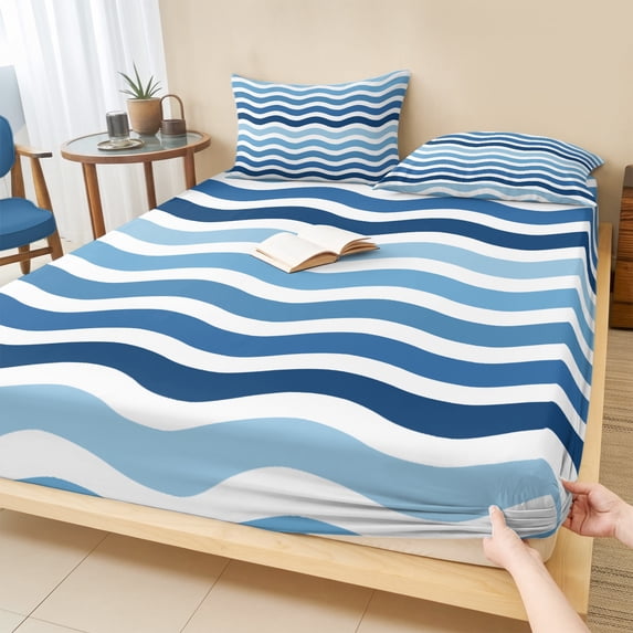 Cal.King Size Fitted Sheet Set - Geometric Blue Ombre 3 Piece Bedding ...