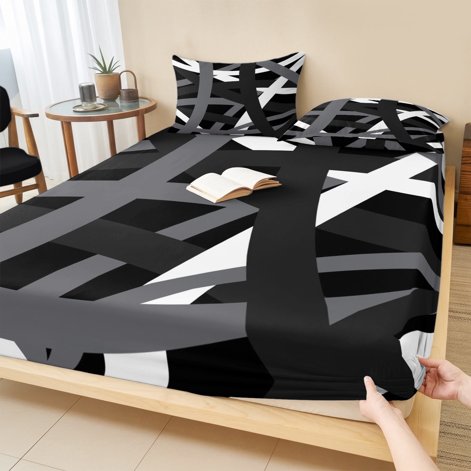 Cal.King Size Fitted Sheet Set - Gray Black Geometric 3 Piece Bedding ...