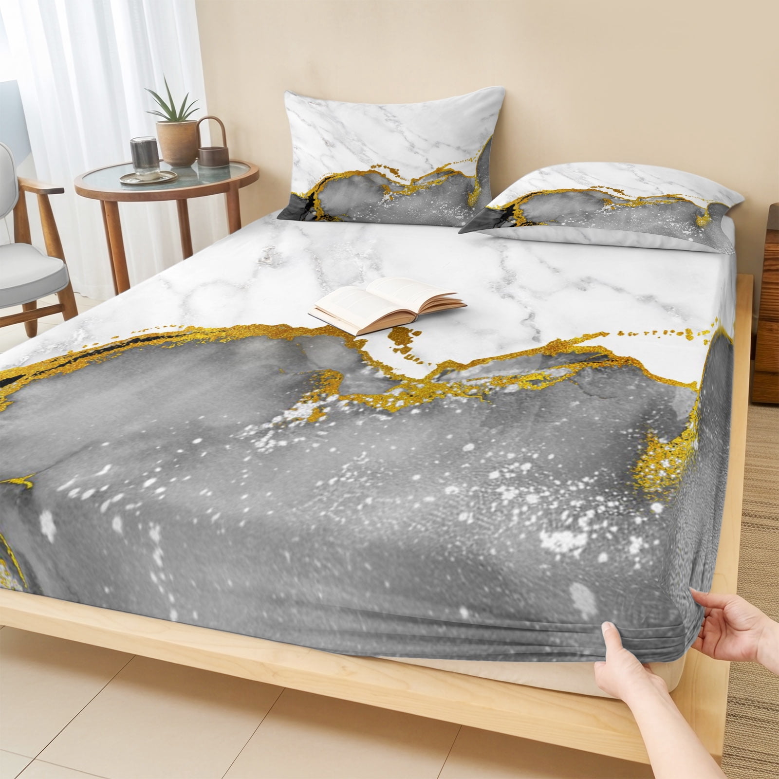 Cal.King Size Fitted Sheet Set - Gray Gold Marble 3 Piece Bedding Sets ...