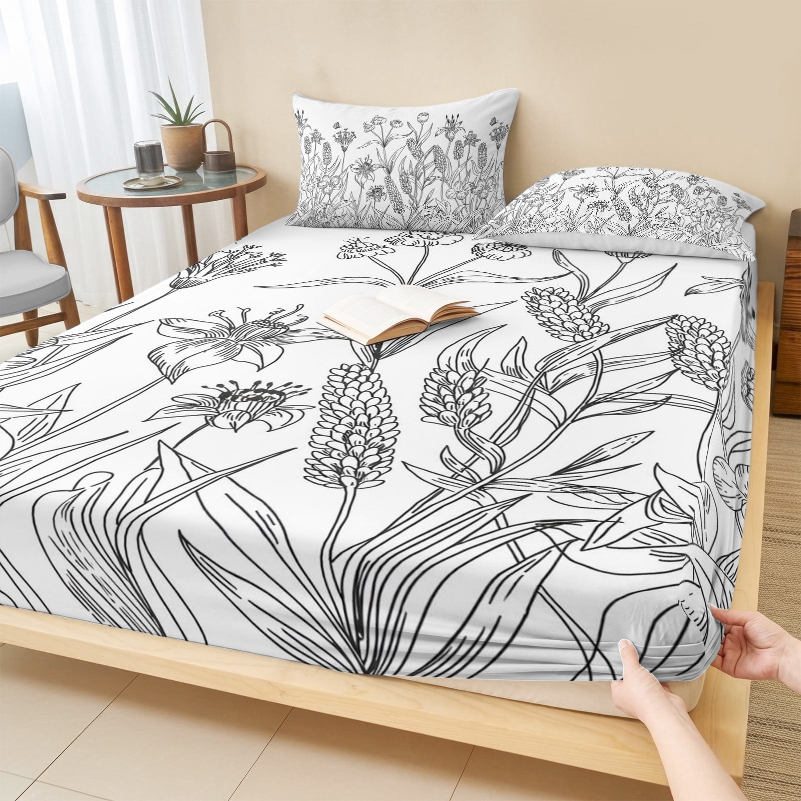 Cal.King Size Fitted Sheet Set - Grey Flowers 3 Piece Bedding Sets 16 ...