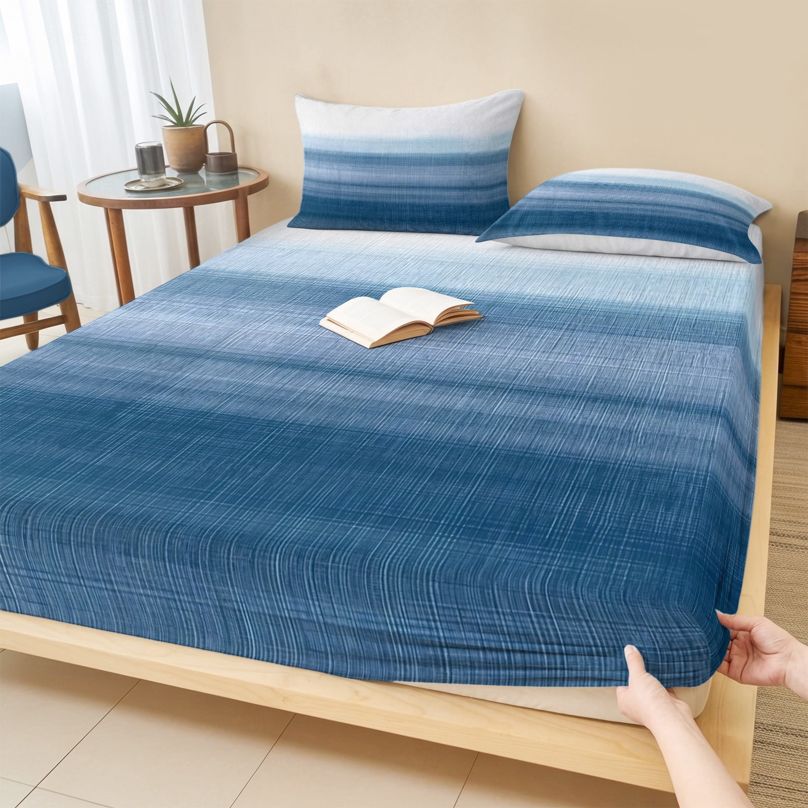 Cal.King Size Fitted Sheet Set - Haze Blue White Ombre 3 Piece Bedding ...