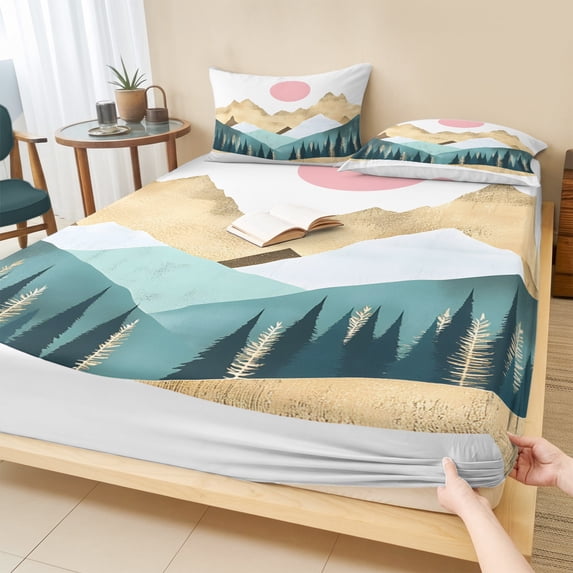 Cal.King Size Fitted Sheet Set - Mountain Tree 3 Piece Bedding Sets 16 ...