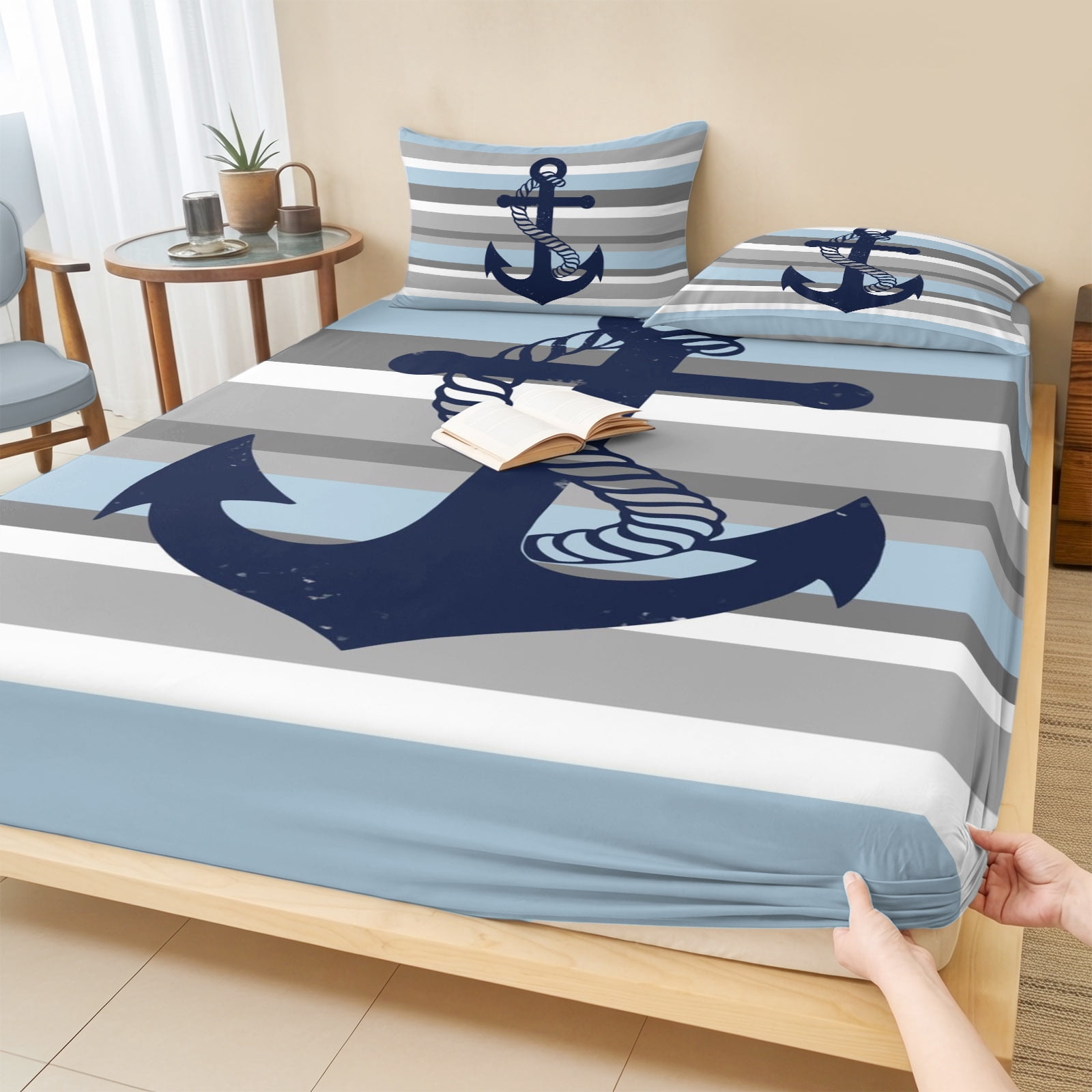 Cal.King Size Fitted Sheet Set - Nautical Anchor 3 Piece Bedding Sets ...