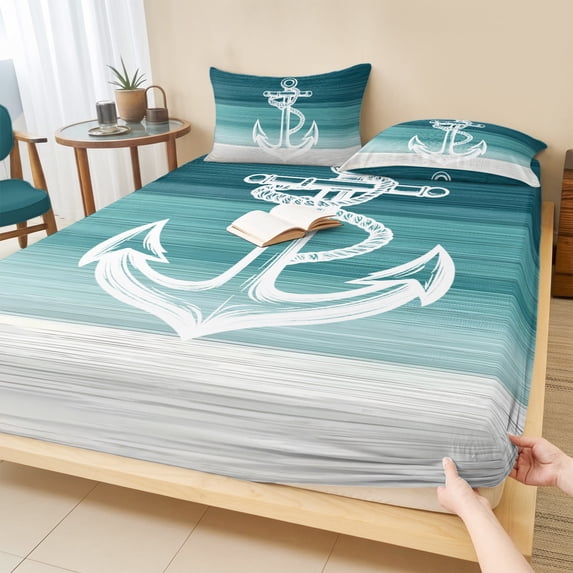 Cal.King Size Fitted Sheet Set - Nautical Anchor Teal Green 3 Piece ...