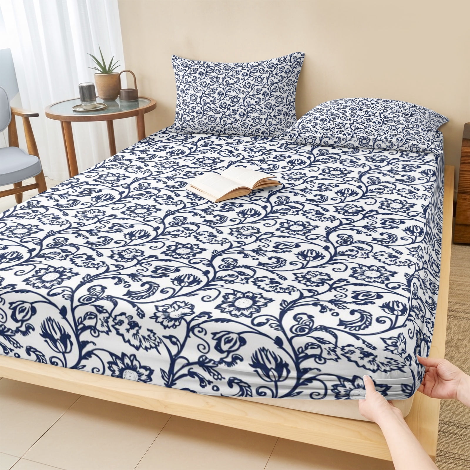 Cal.King Size Fitted Sheet Set - Navy Blue Floral 3 Piece Bedding Sets ...