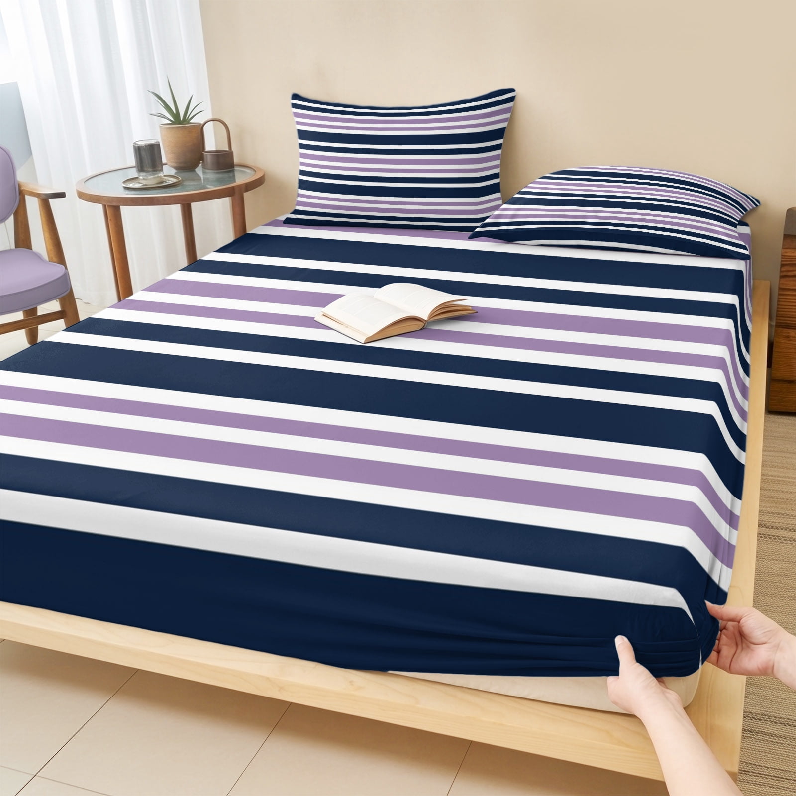 Cal.King Size Fitted Sheet Set - Navy Blue Purple Striped 3 Piece ...