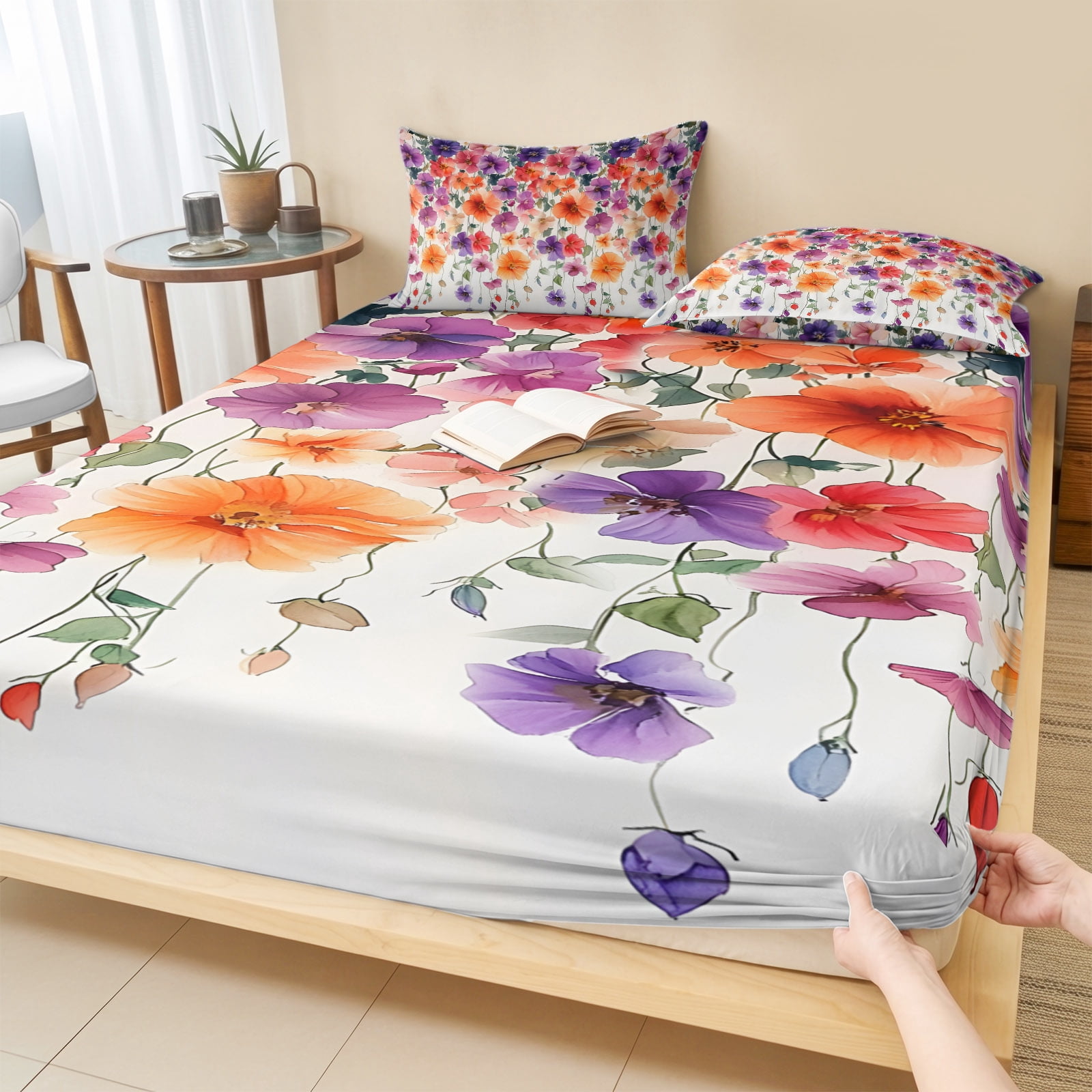Cal.King Size Fitted Sheet Set - Orange Flower 3 Piece Bedding Sets 16 ...