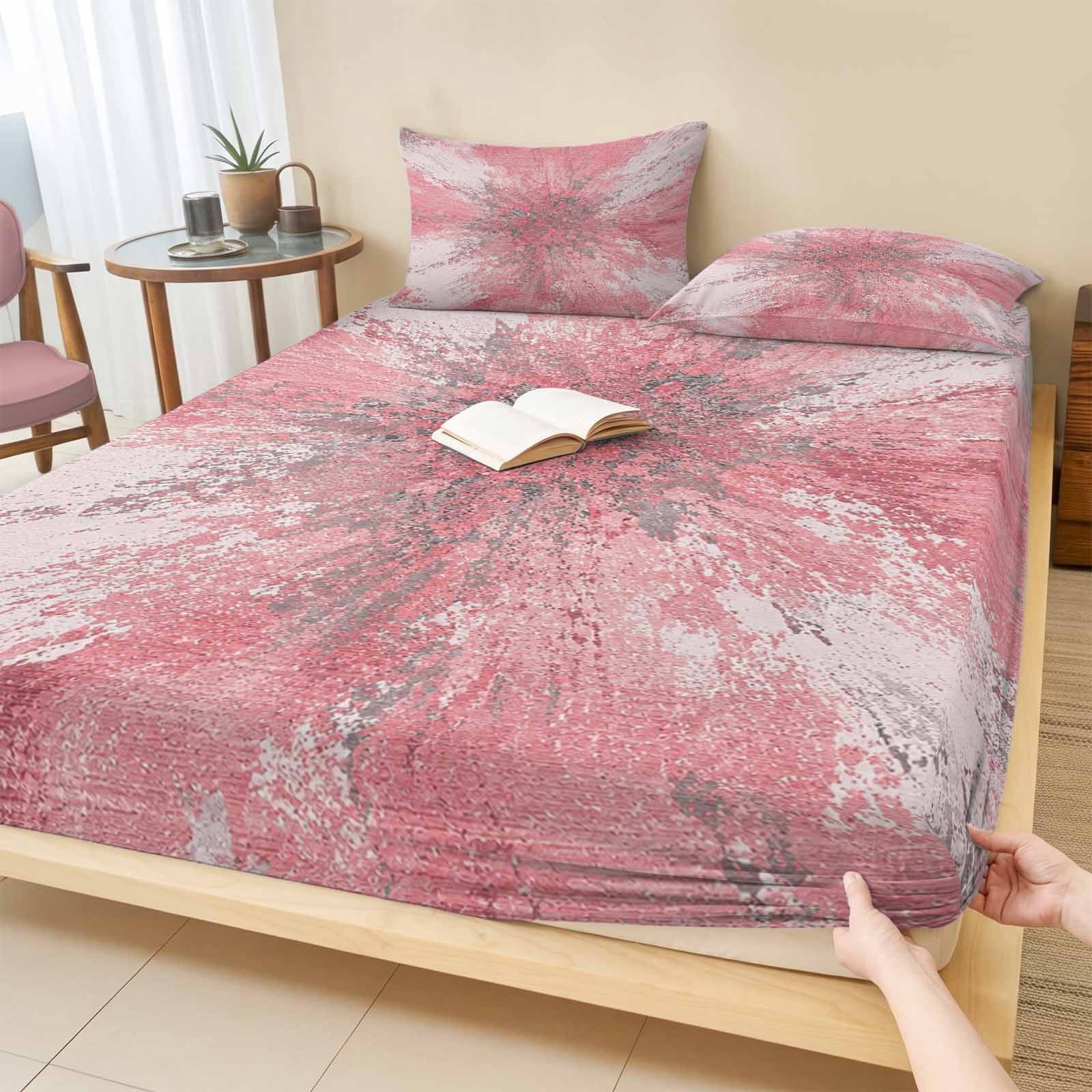 Cal.King Size Fitted Sheet Set - Pink Gray Burst 3 Piece Bedding Sets ...