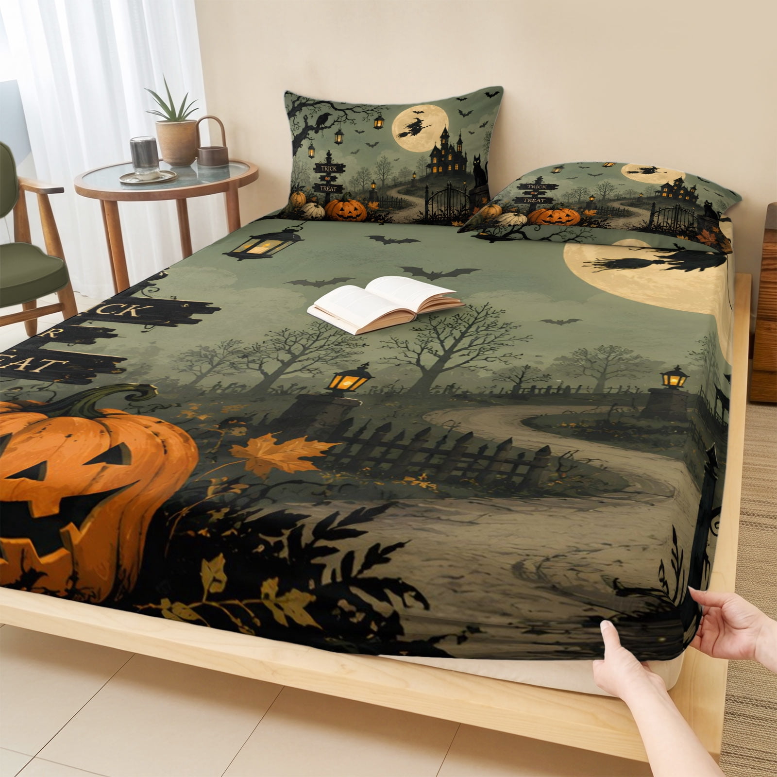 Cal.King Size Fitted Sheet Set - Pumpkins Path Halloween 3 Piece ...