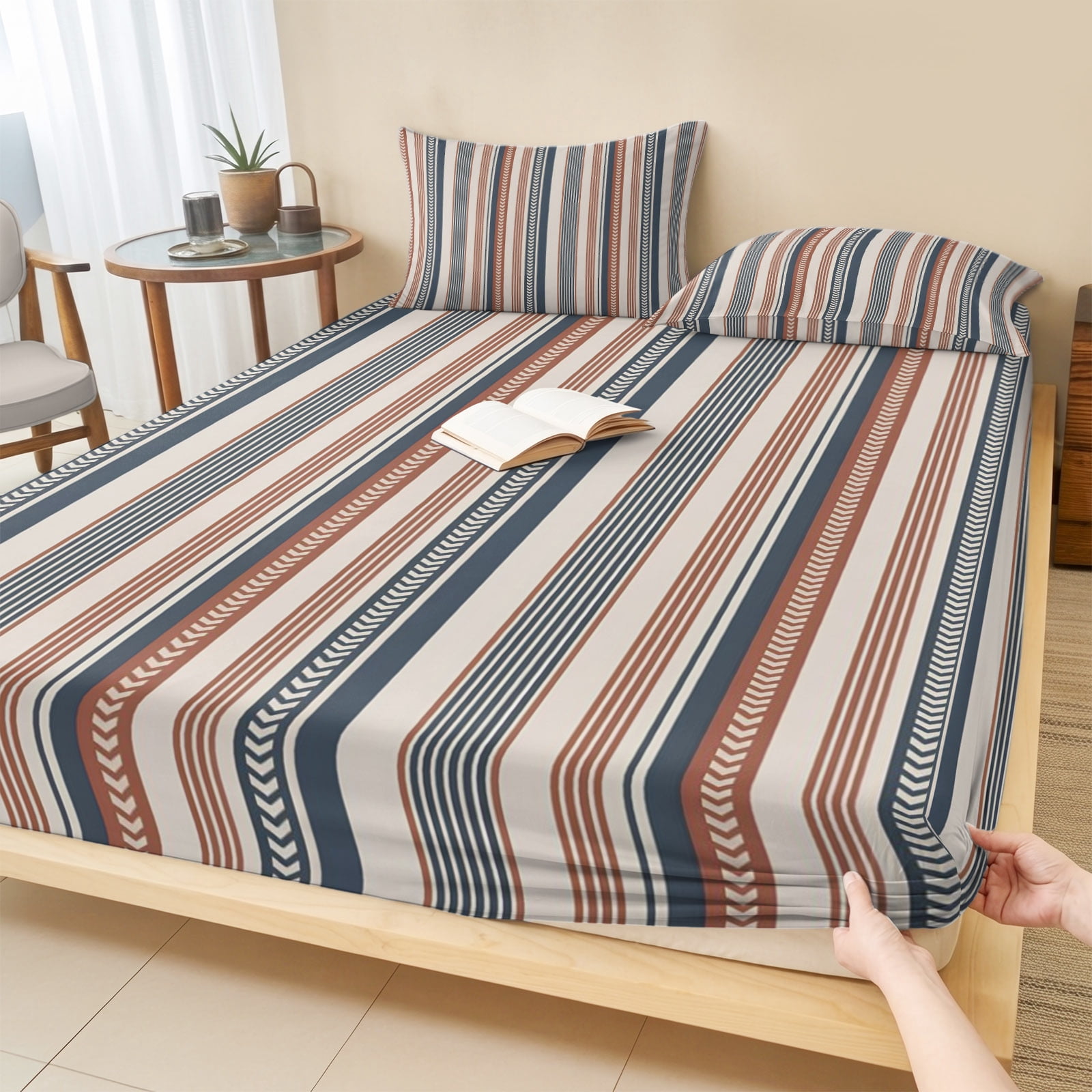 Cal.King Size Fitted Sheet Set - Red Blue Striped 3 Piece Bedding Sets ...