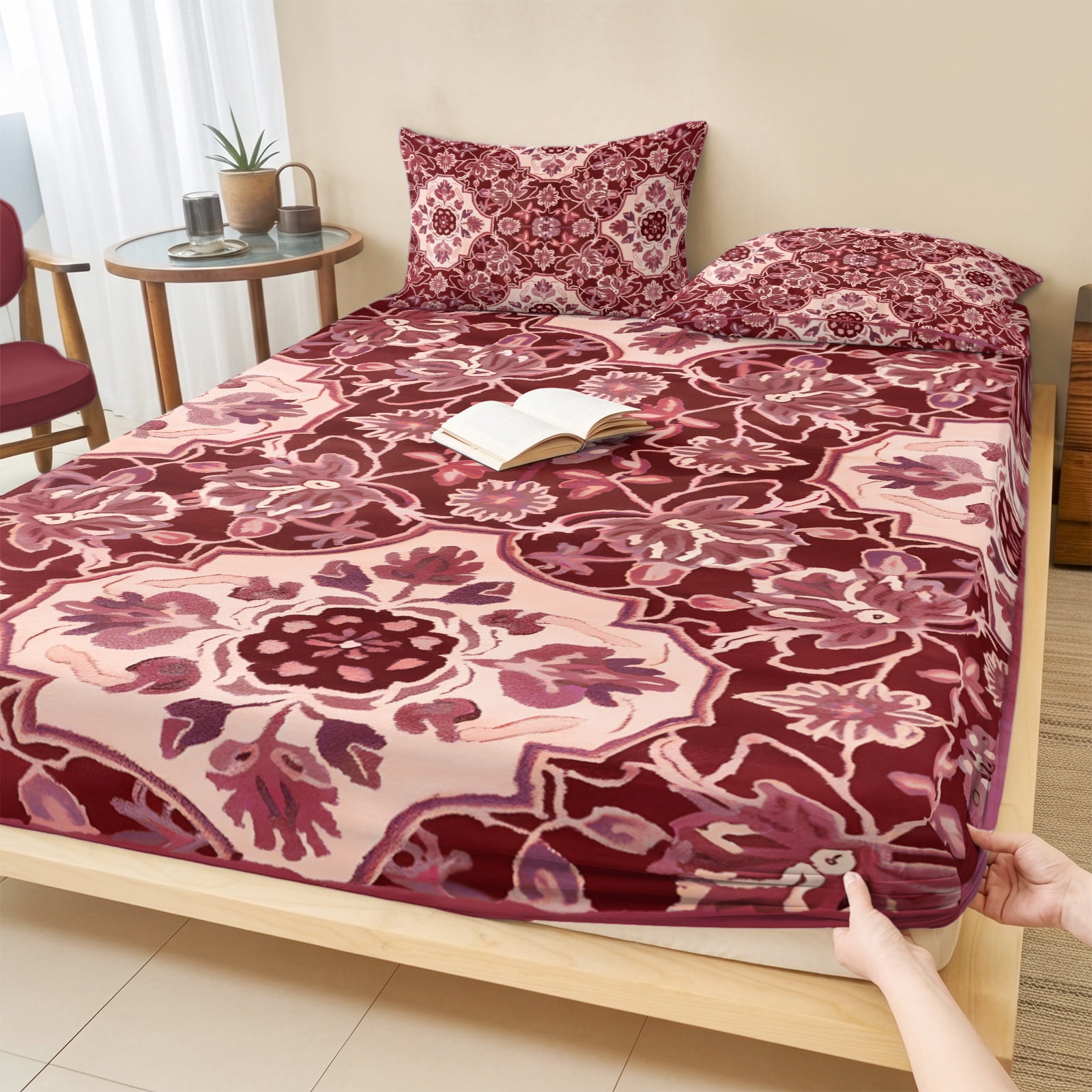 Cal.King Size Fitted Sheet Set - Red Boho 3 Piece Bedding Sets 16" Deep ...