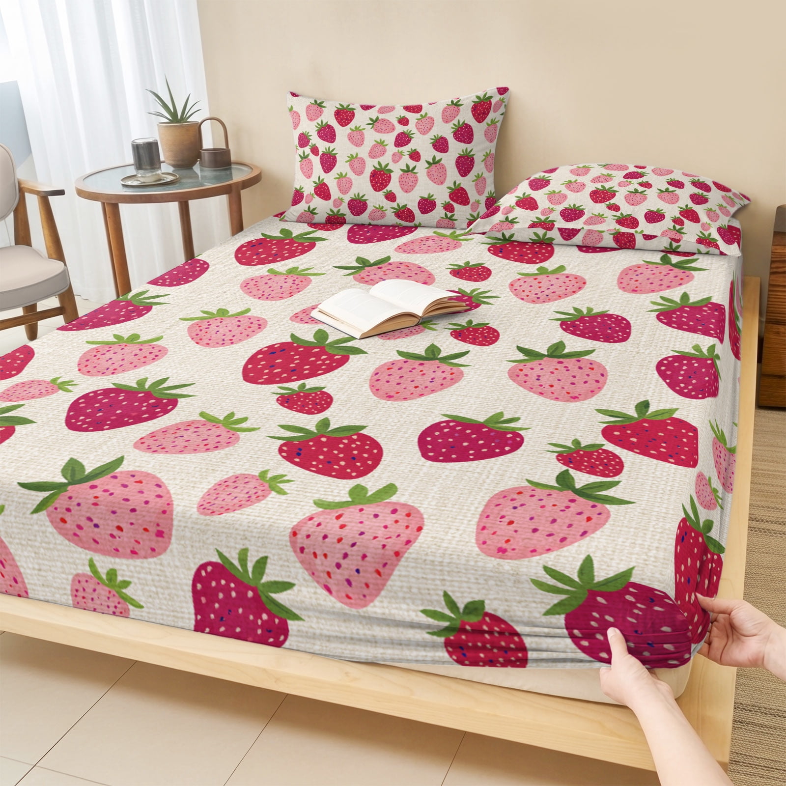 Cal.King Size Fitted Sheet Set - Red Pink Strawberry 3 Piece Bedding ...