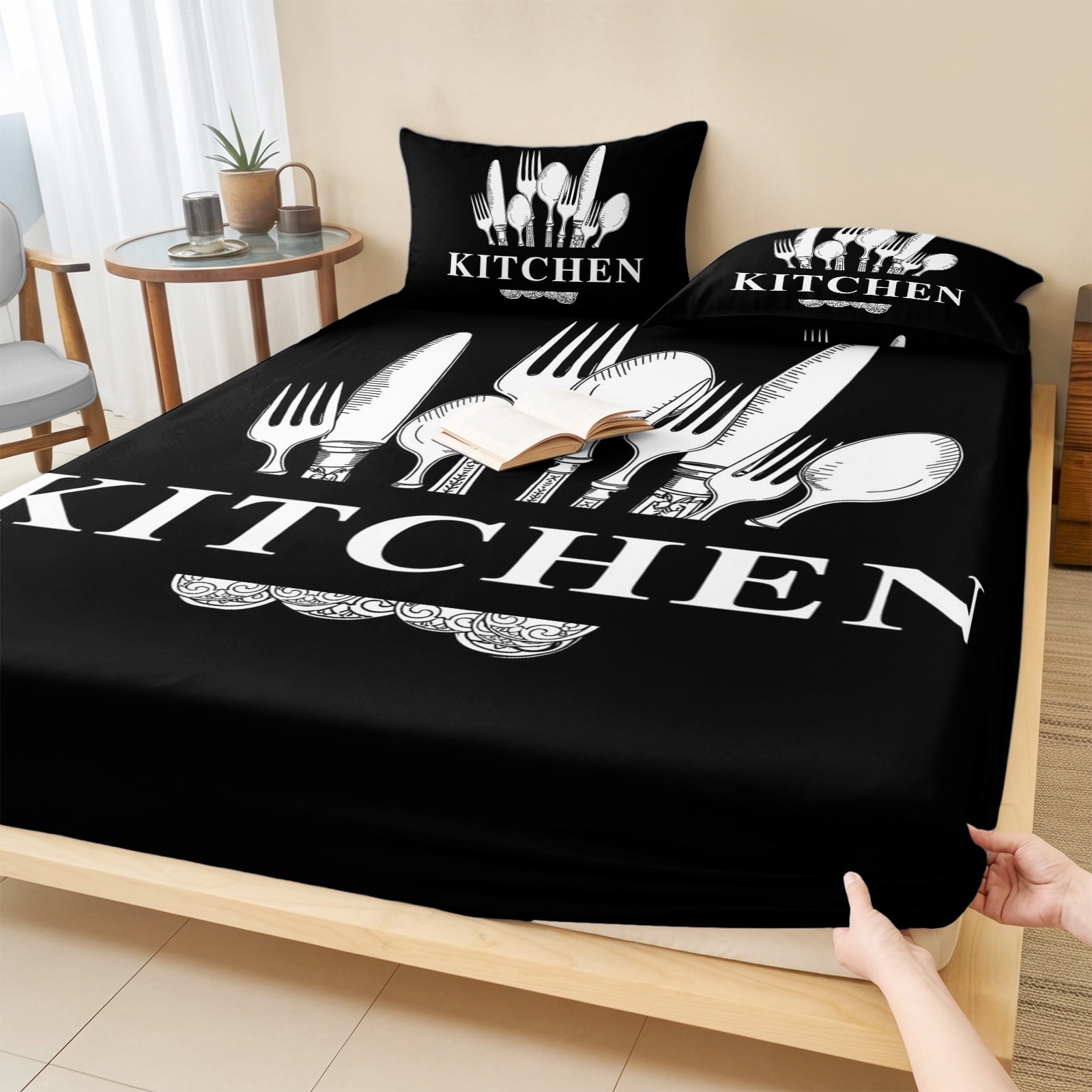Cal.King Size Fitted Sheet Set - Retro Black Knife Fork 3 Piece Bedding ...