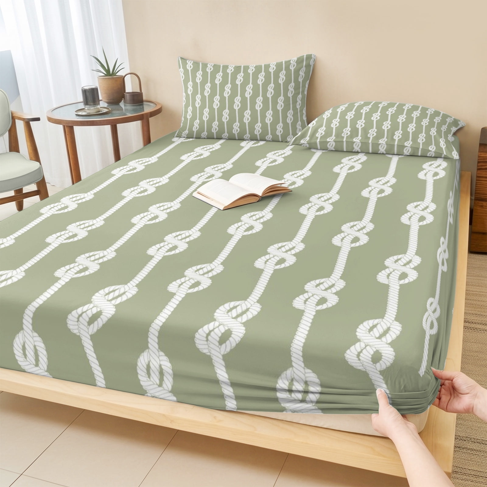 Cal.King Size Fitted Sheet Set - Sage Green Knot 3 Piece Bedding Sets ...
