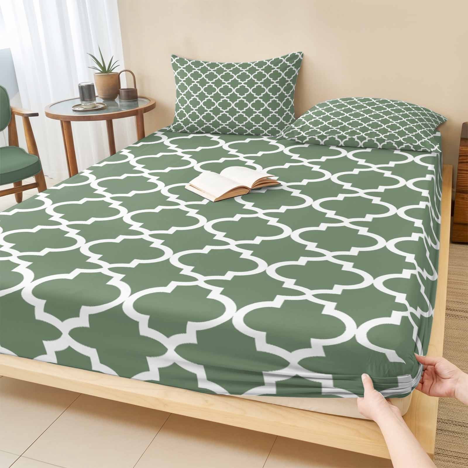 Cal.King Size Fitted Sheet Set - Sage Green Morocco 3 Piece Bedding ...