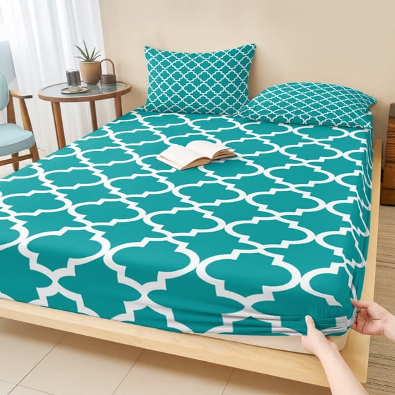 Cal.King Size Fitted Sheet Set - Teal Morocco 3 Piece Bedding Sets 16 ...