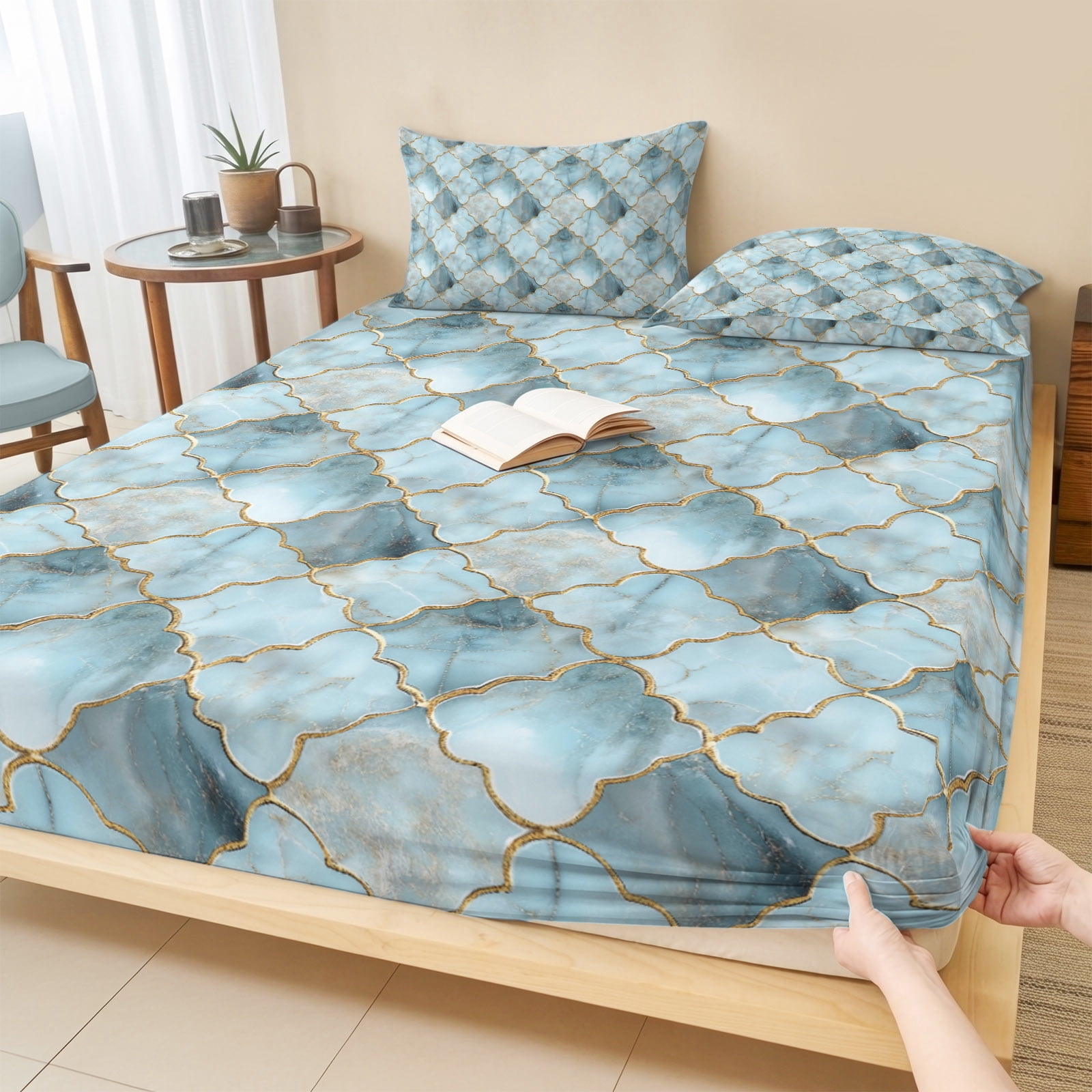 Cal.King Size Fitted Sheet Set - Teal Morocco 3 Piece Bedding Sets 16 ...