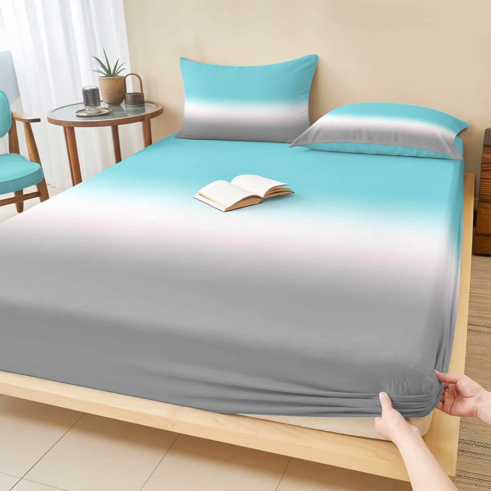 Cal.King Size Fitted Sheet Set - Teal White Grey Ombre 3 Piece Bedding ...