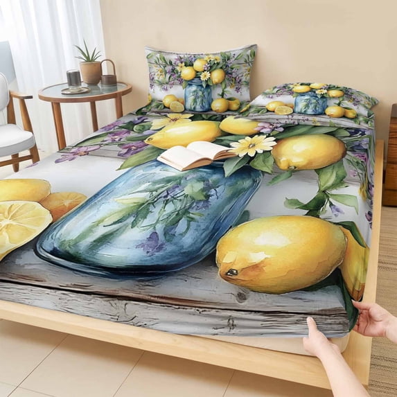 Cal.King Size Fitted Sheet Set - Tropical Lemon 3 Piece Bedding Sets 16 ...