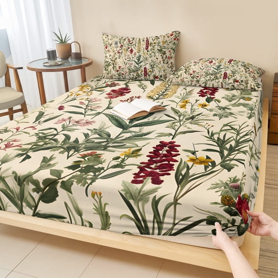 Cal.King Size Fitted Sheet Set - Vintage Plant 3 Piece Bedding Sets 16 ...