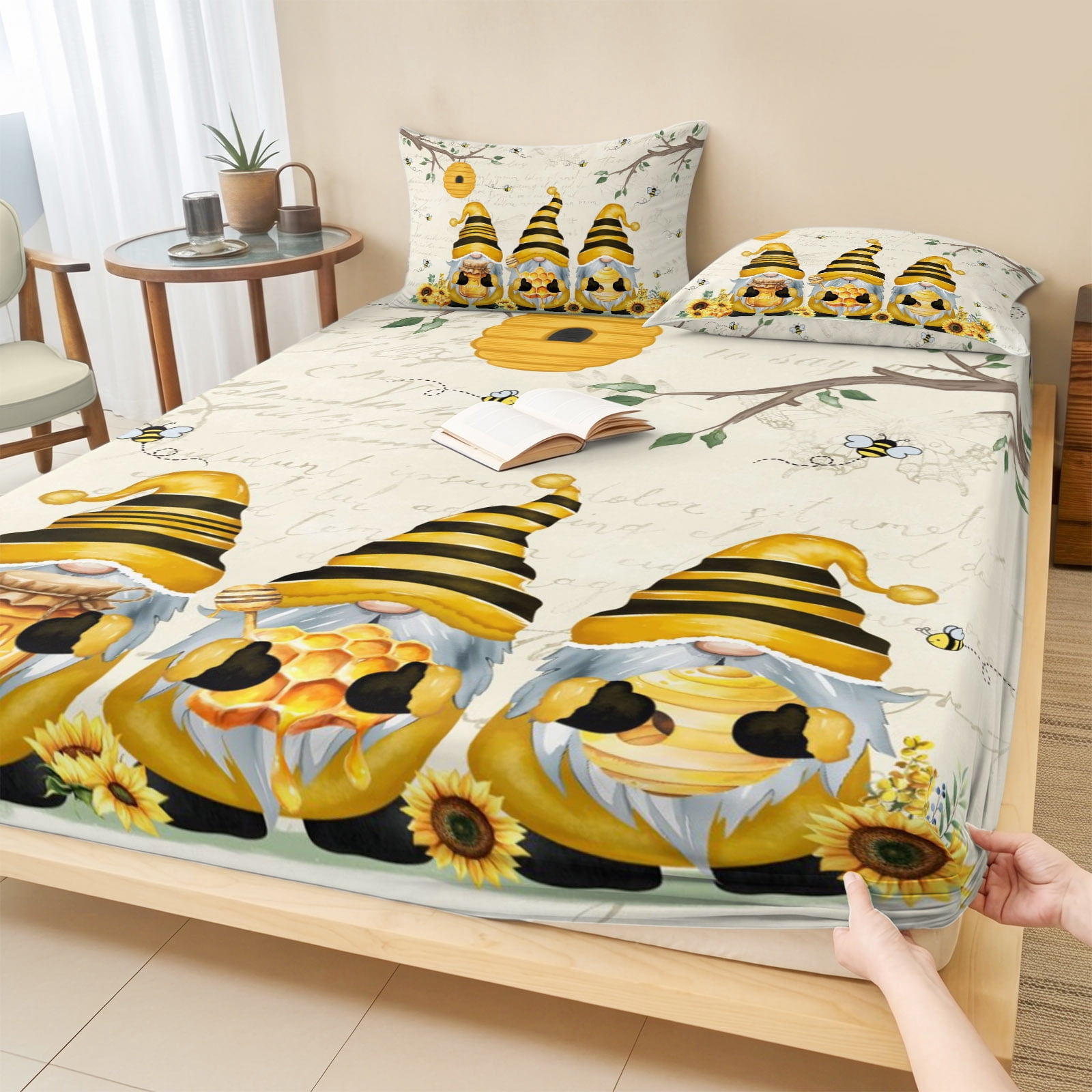 Cal.King Size Fitted Sheet Set - Yellow Bees Gnomes 3 Piece Bedding ...