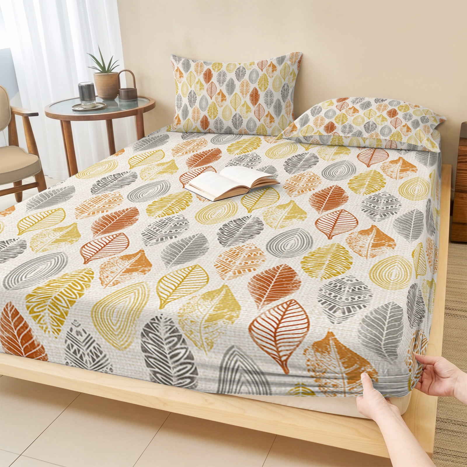Cal.King Size Fitted Sheet Set - Yellow Orange Grey Tropical Leaves 3 ...