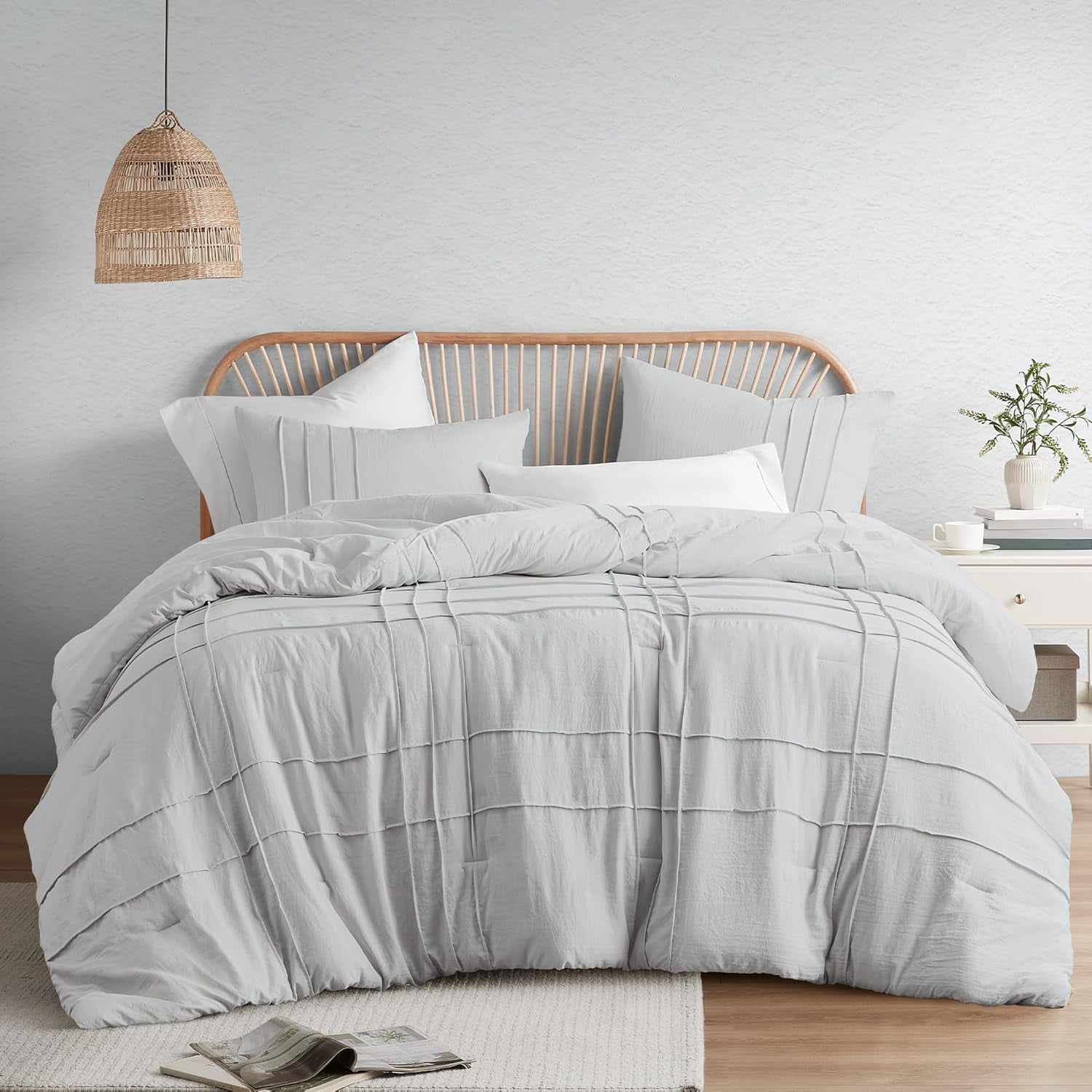 Cal King Size Silver Comforter Set - 3 Piece Pintuck Pleated Bedding ...