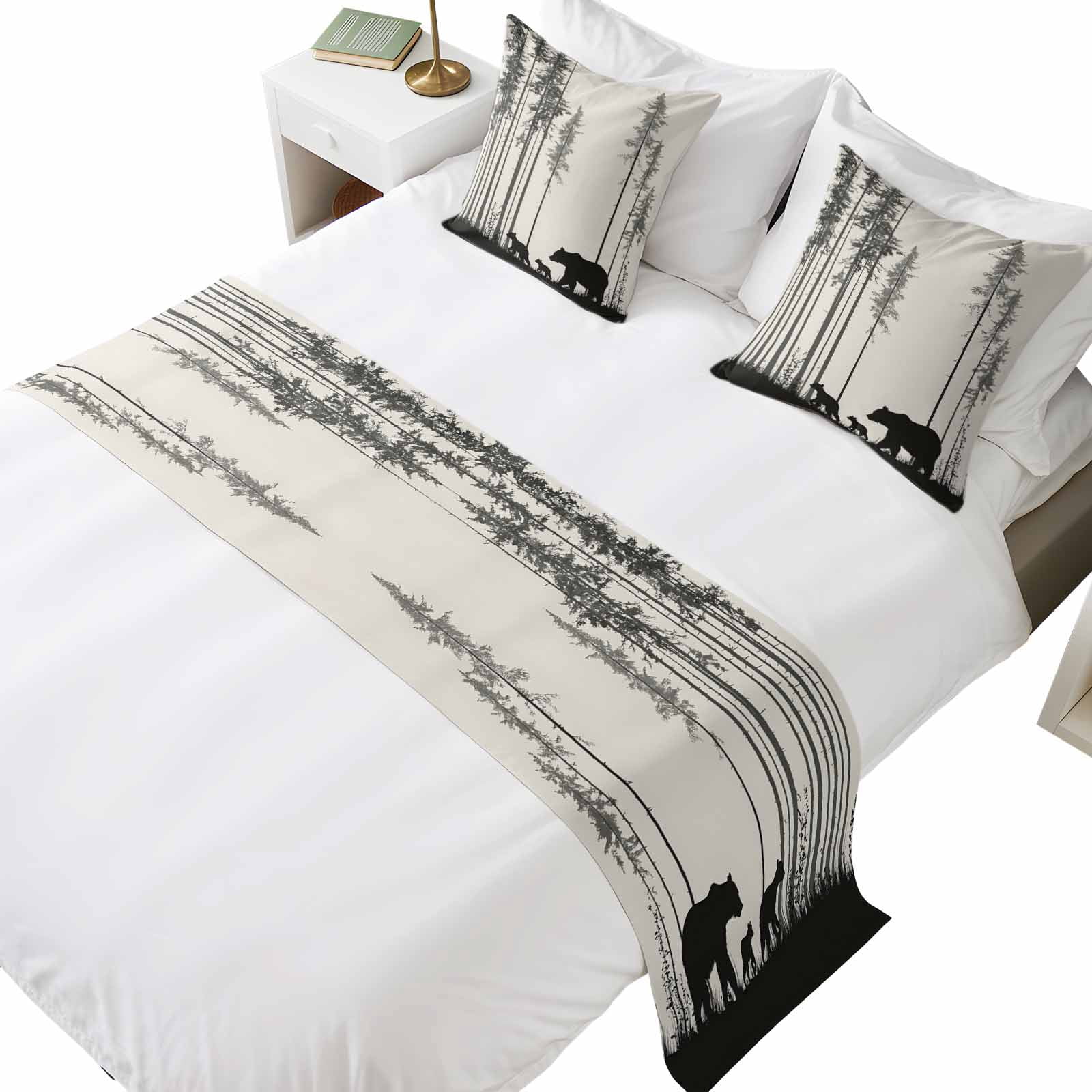 Cal King Size Abstract Bed Runner Set 102 x 20 inch Forest Walking Bear ...