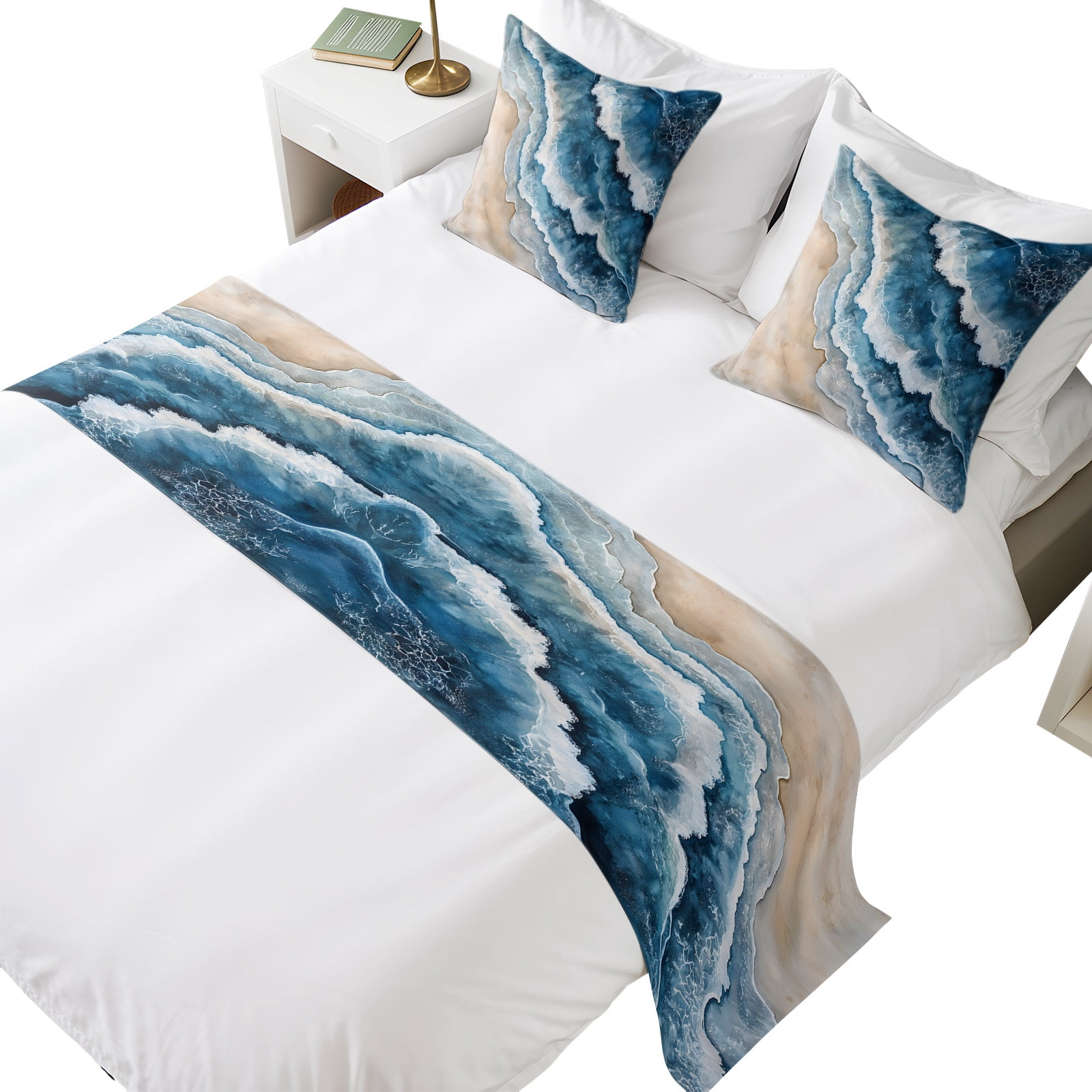 Cal King Size Abstract Waves Bed Runner Set 102 x 20 inch Spray Blue ...