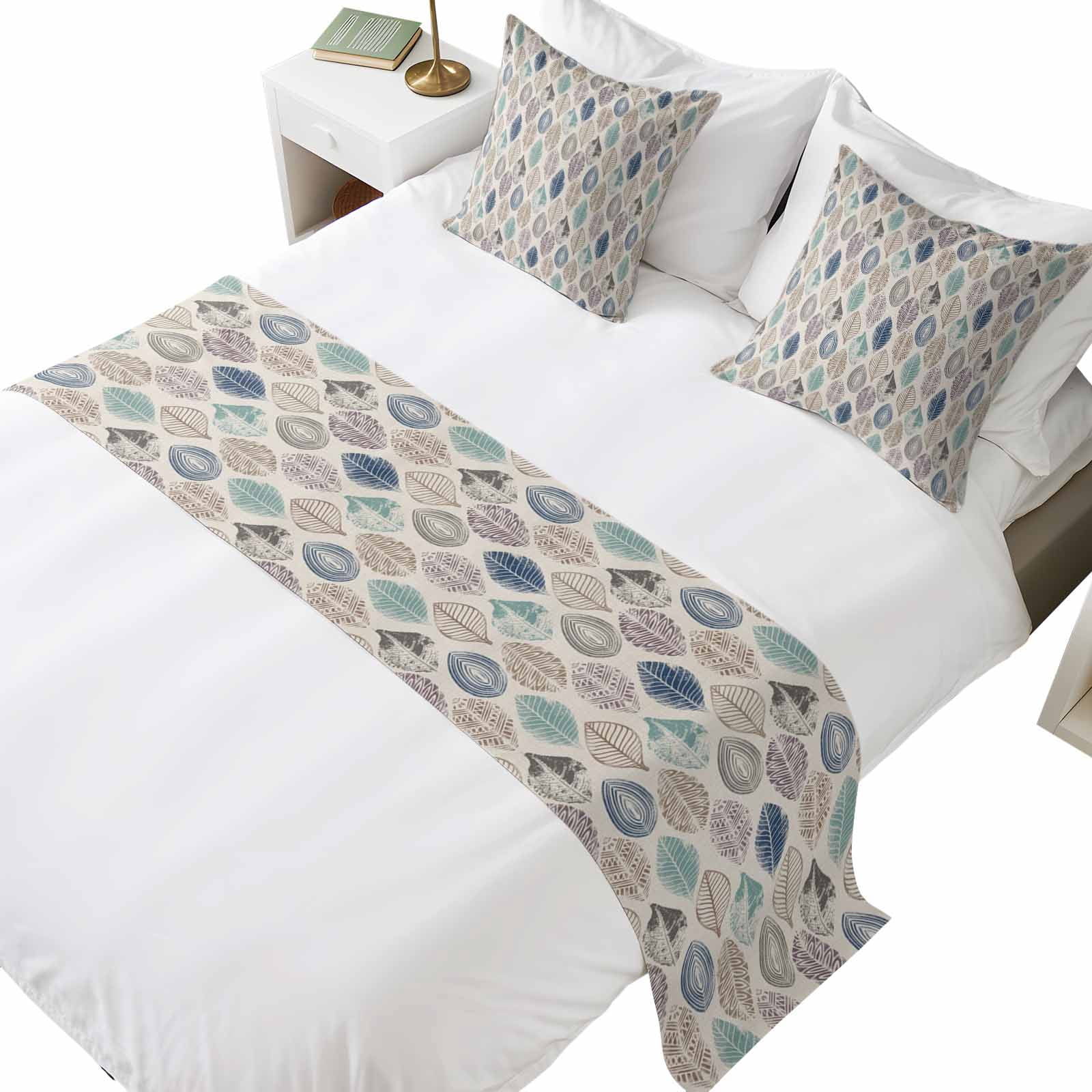 Cal King Size Leaves Specimens Bed Runner Set 102 x 20 inch Blue Khaki ...