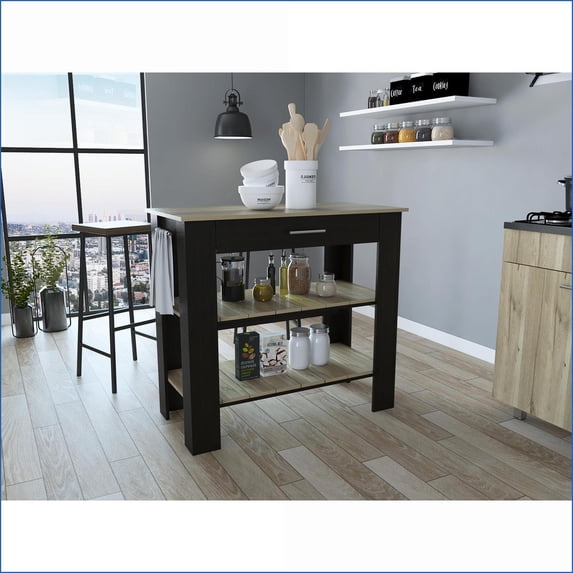 Cala Kitchen Island 40” with Drawer, Shelves & Towel Rack - Black/Light ...