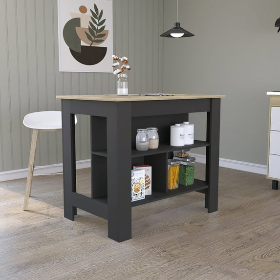 Cala Kitchen Island, Four Legs, Three Shelves -Black / Light Oak ...