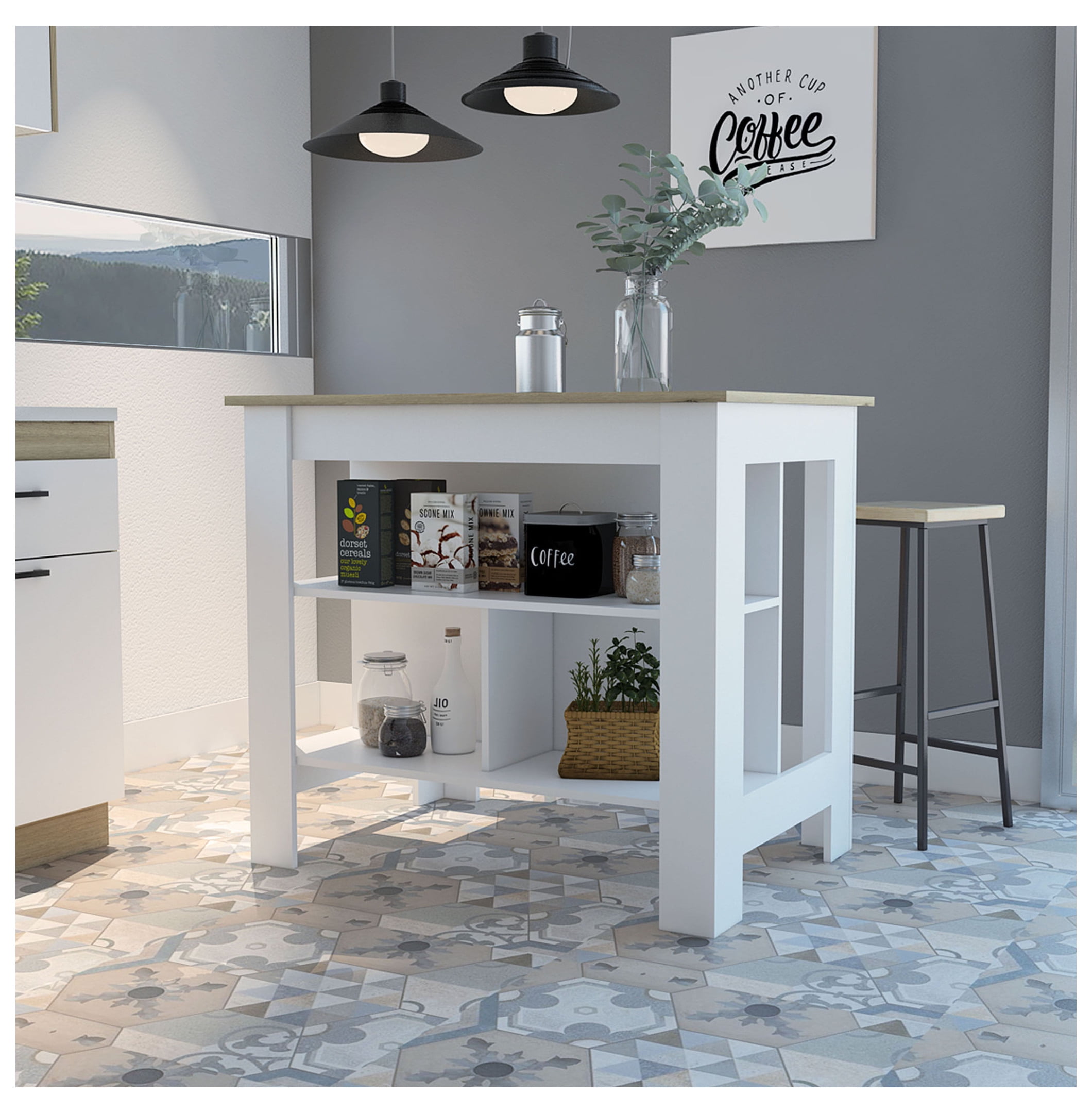 Cala Kitchen Island, Four Legs, Three Shelves -White / Light Oak ...