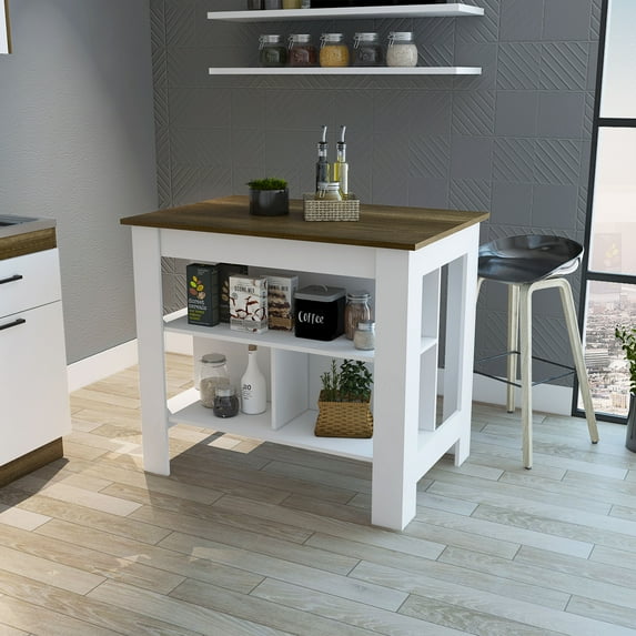 Cala Kitchen Island, Four Legs, Three Shelves -White / Walnut - Walmart.com