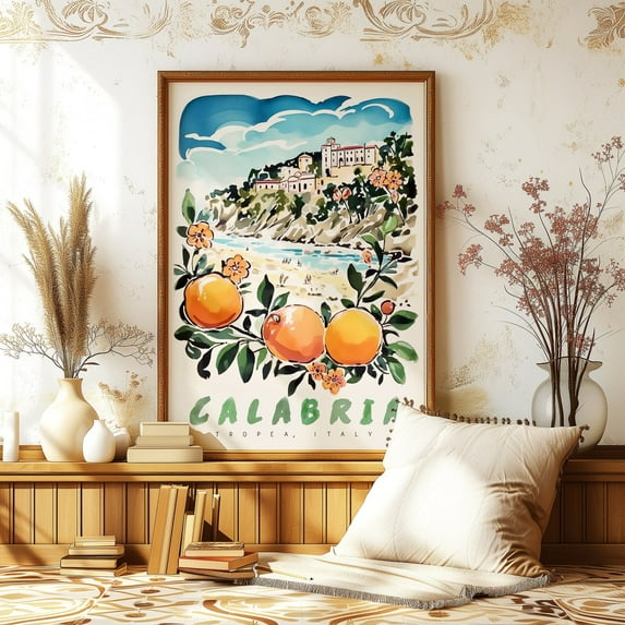 Calabria Italy Art Poster: Tropea Beach, Retro Oranges Poster ...