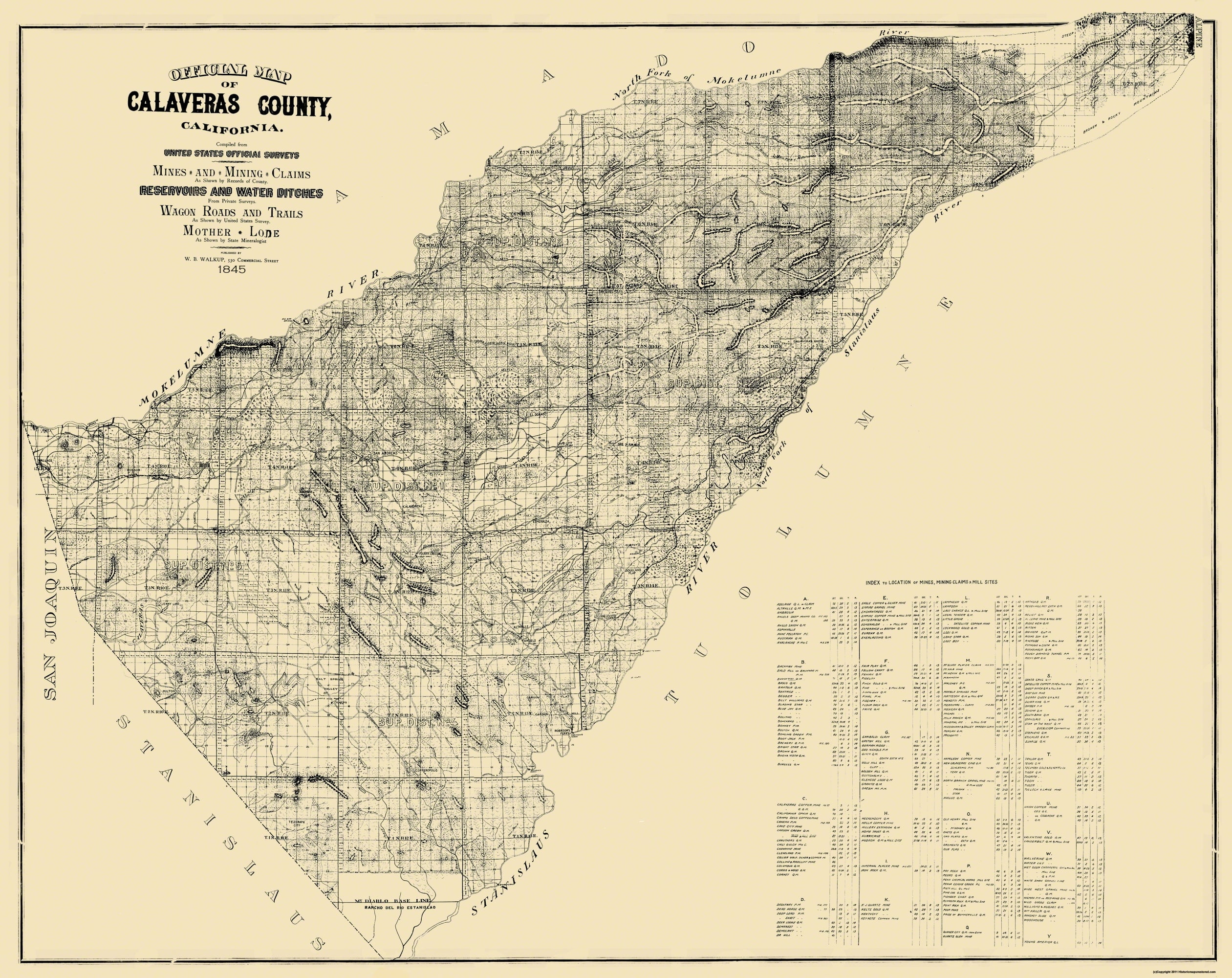 Historic Mine Map - Calaveras County California Mines - Walkup 1845 - 29 x 23 - Vintage Wall Art ...