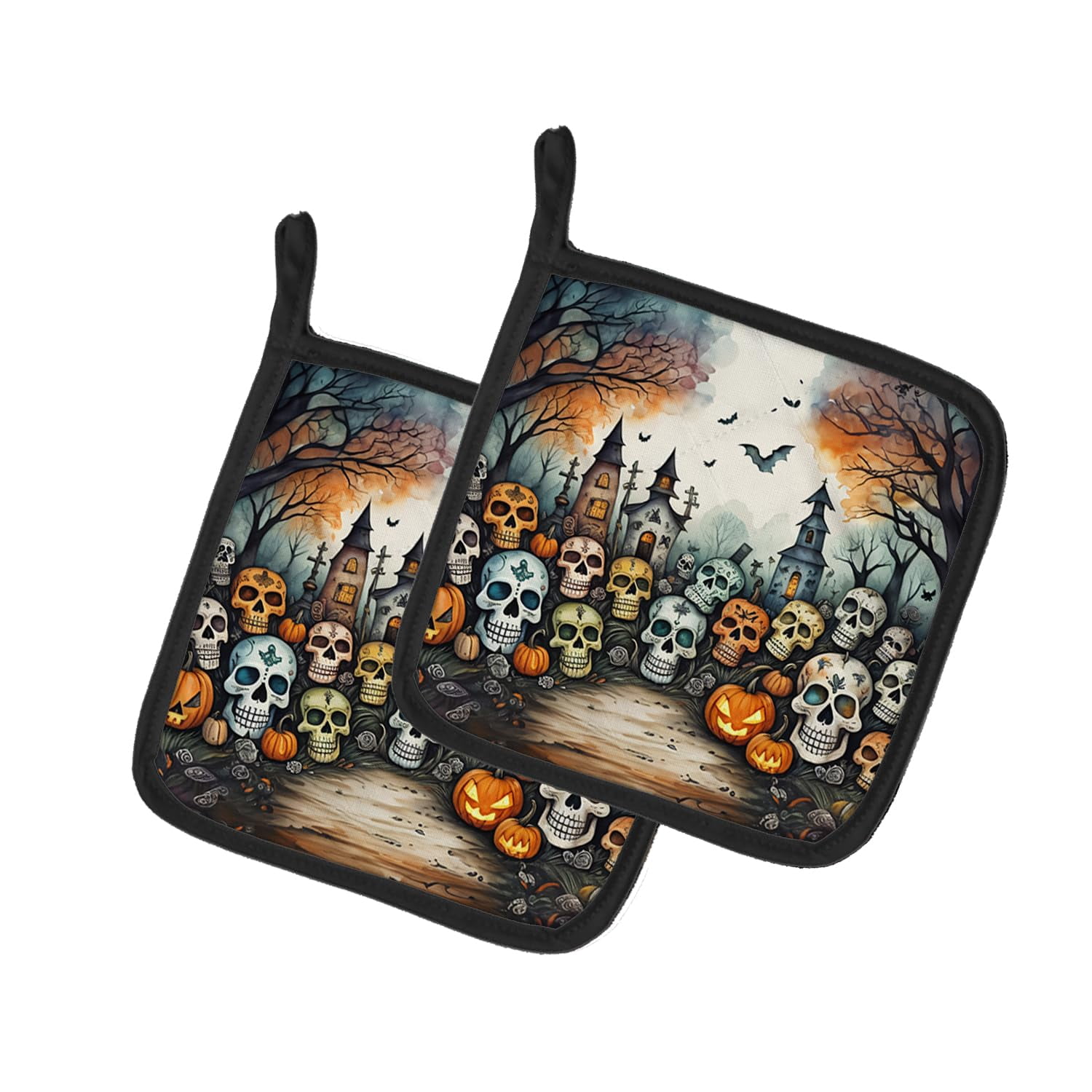Calaveras Sugar Skulls Spooky Halloween Pair of Pot Holders 7.5 in x 7. ...