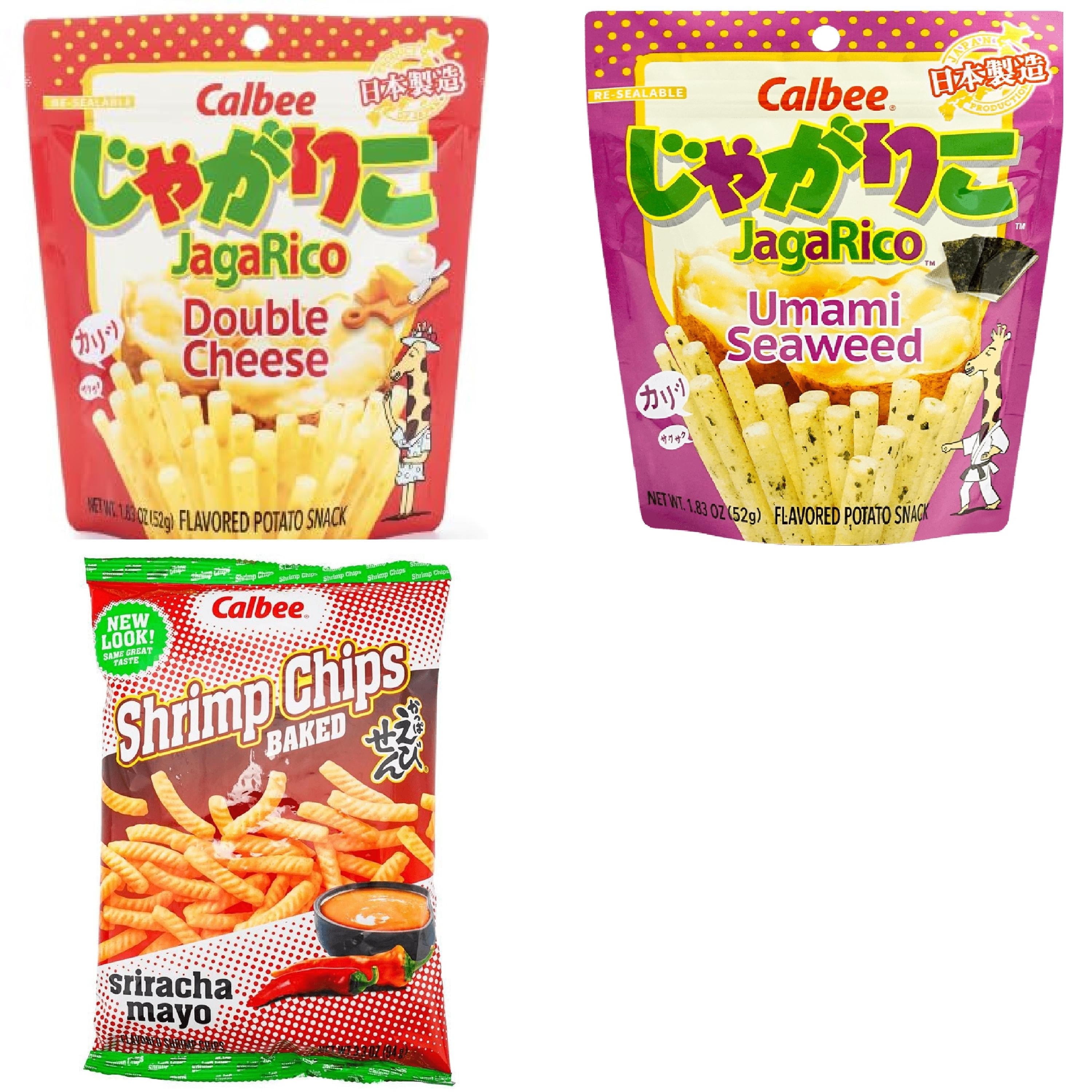 Calbee Shrimp Chip and Jagarico 3 Flavor Mix Bundle(Jagarico Double Cheese,Jagarico Umami ...