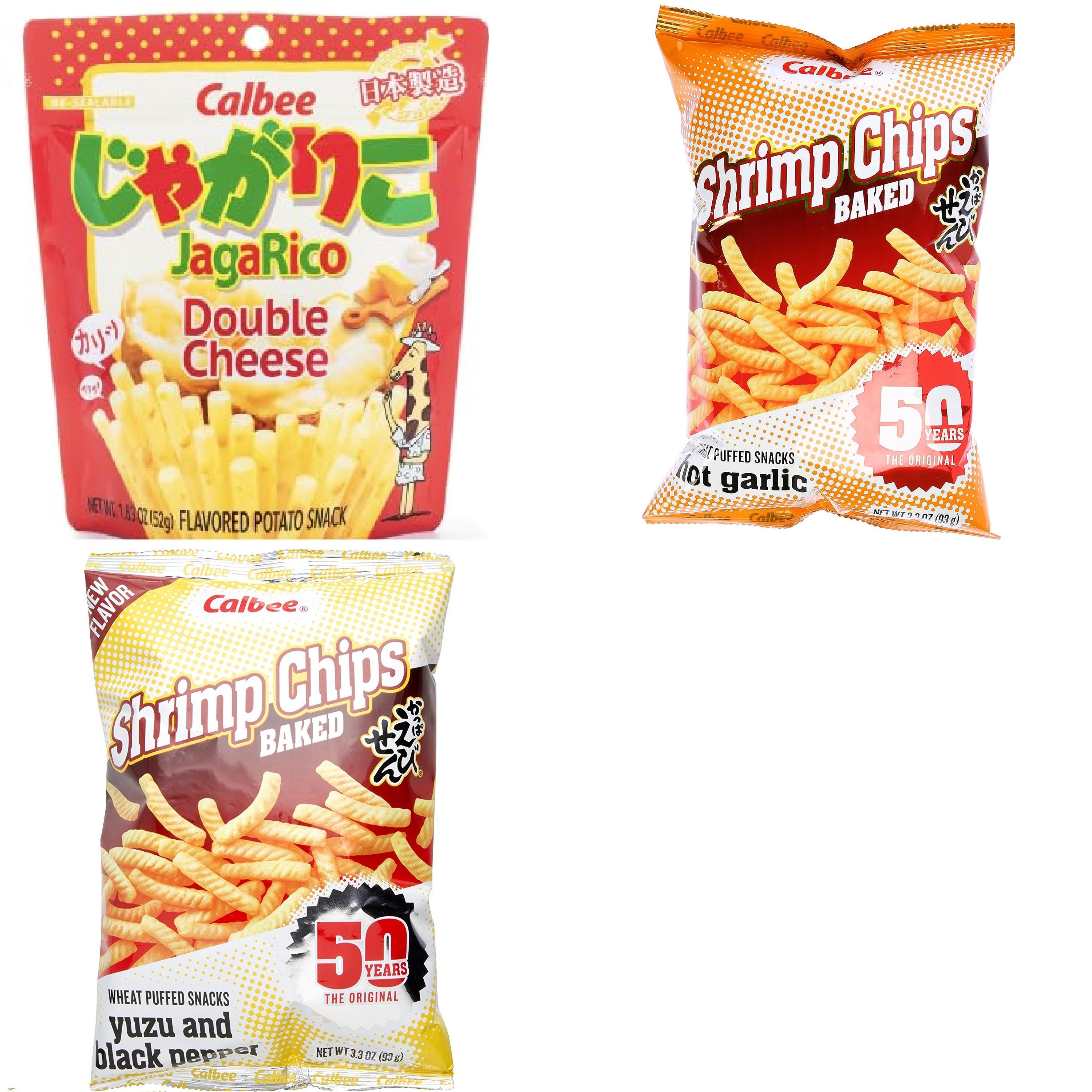 Calbee Shrimp Chip and Jagarico 3 Flavor Mix Bundle(Jagarico Double Cheese,Shrimp Hot Garlic ...